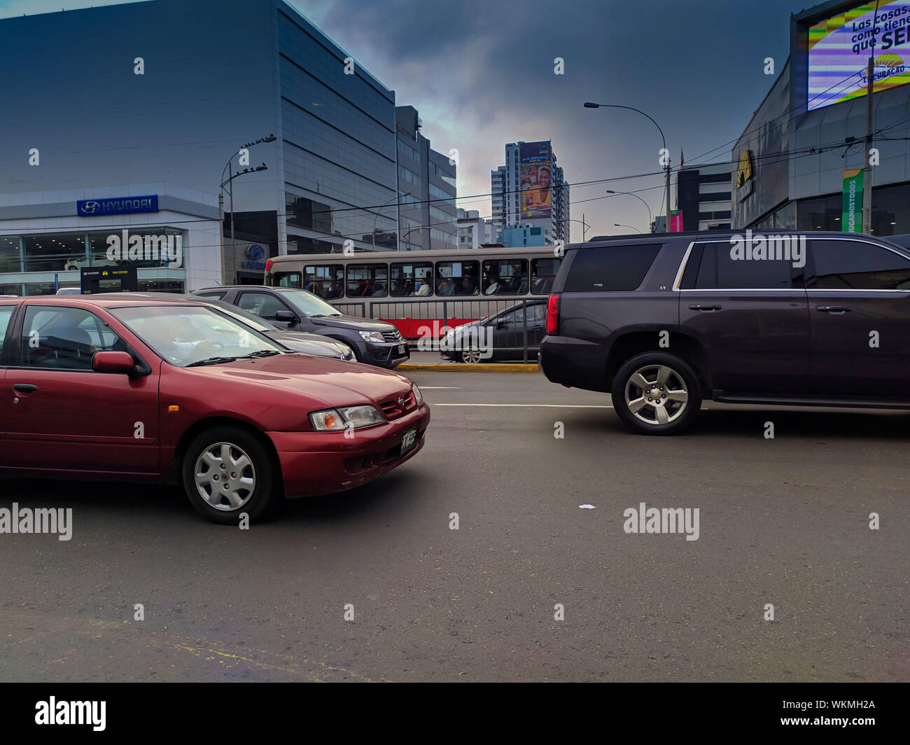 Heavy traffic on the main highway Javier Prado in the district of San ...