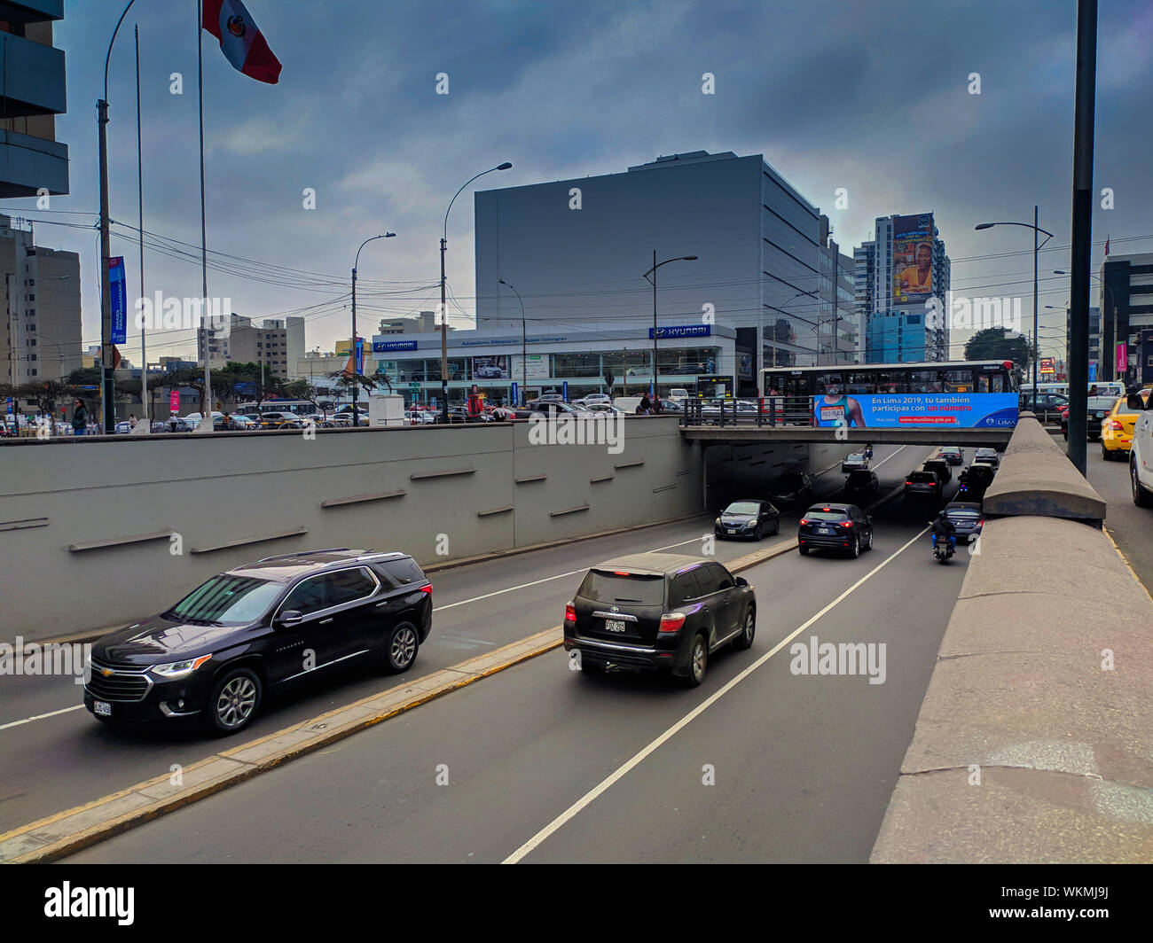 Heavy traffic on the main highway Javier Prado in the district of San ...