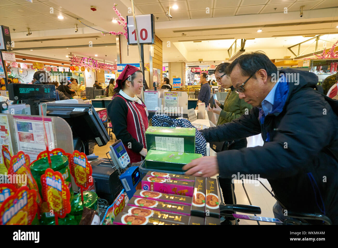 HONG KONG, CHINA - CIRCA FEBRUARY, 2019: cash desk at AEON supermarket ...