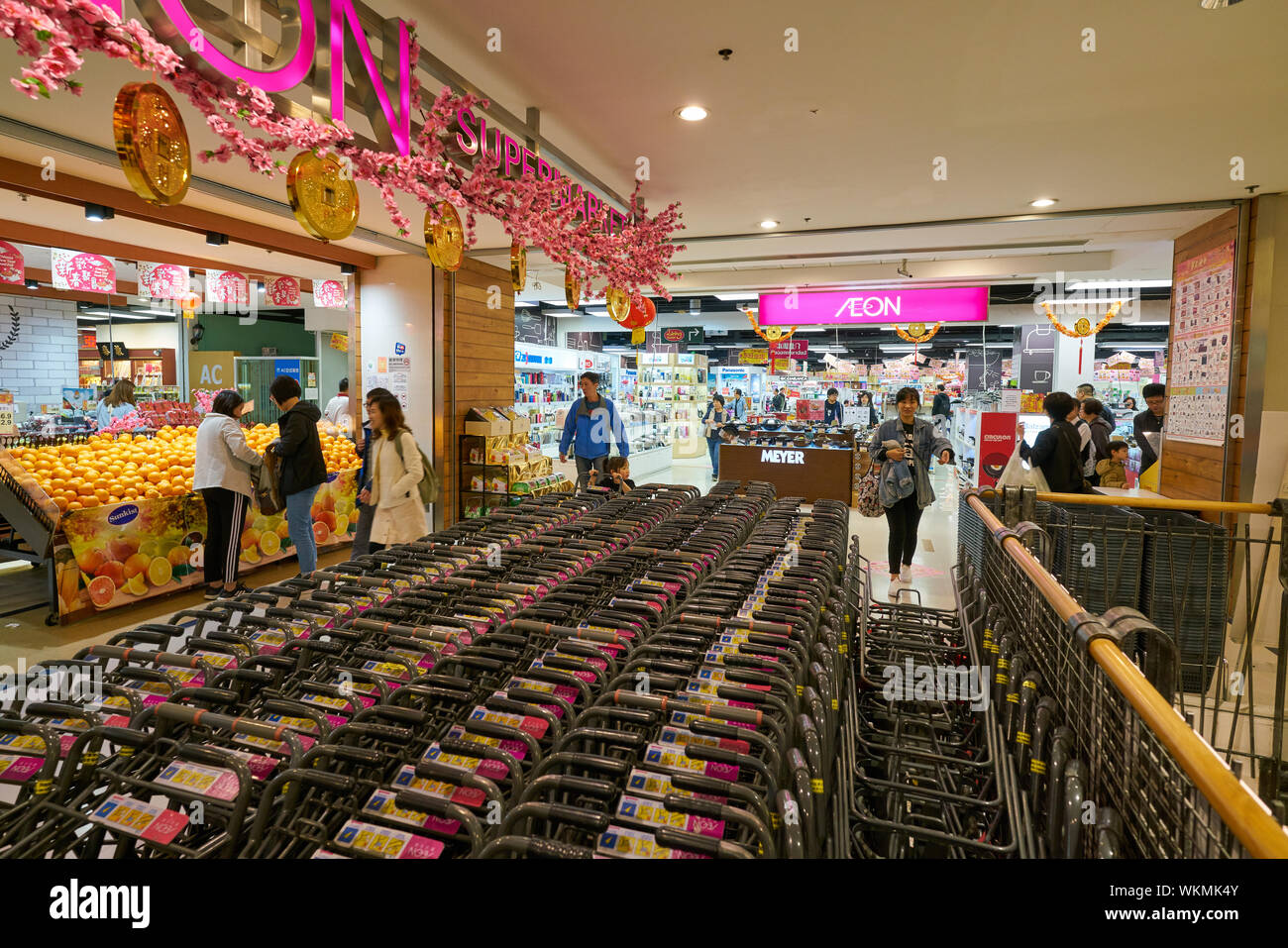HONG KONG, CHINA - CIRCA FEBRUARY, 2019: trolleys at AEON supermarket ...