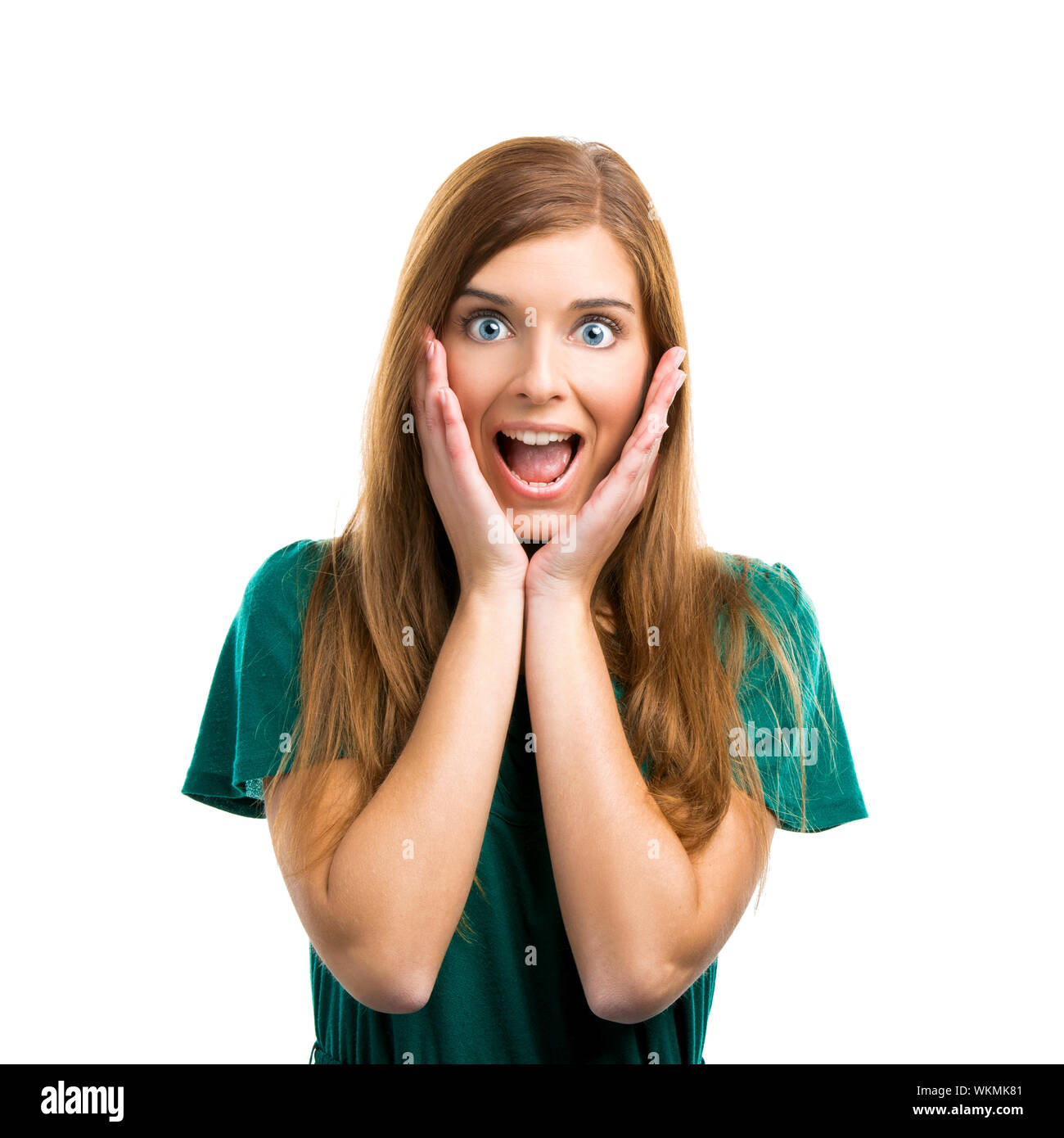 Portrait of a beautiful girl with a surprised expression isolated on ...