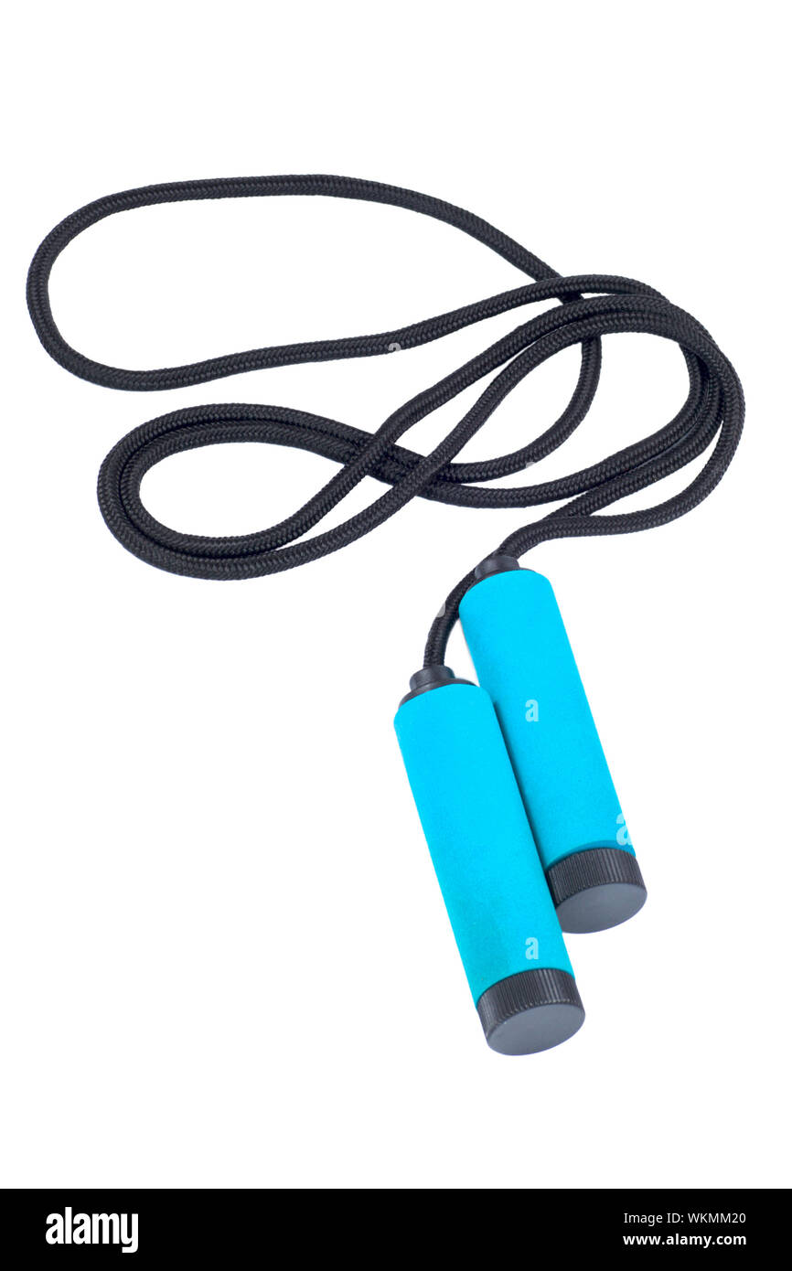 Black Skipping rope with blue handles isolated on white Stock Photo - Alamy