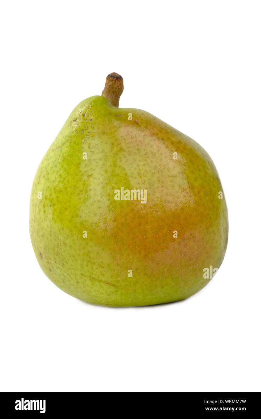 Green spotted pear with stem isolated on white Stock Photo - Alamy