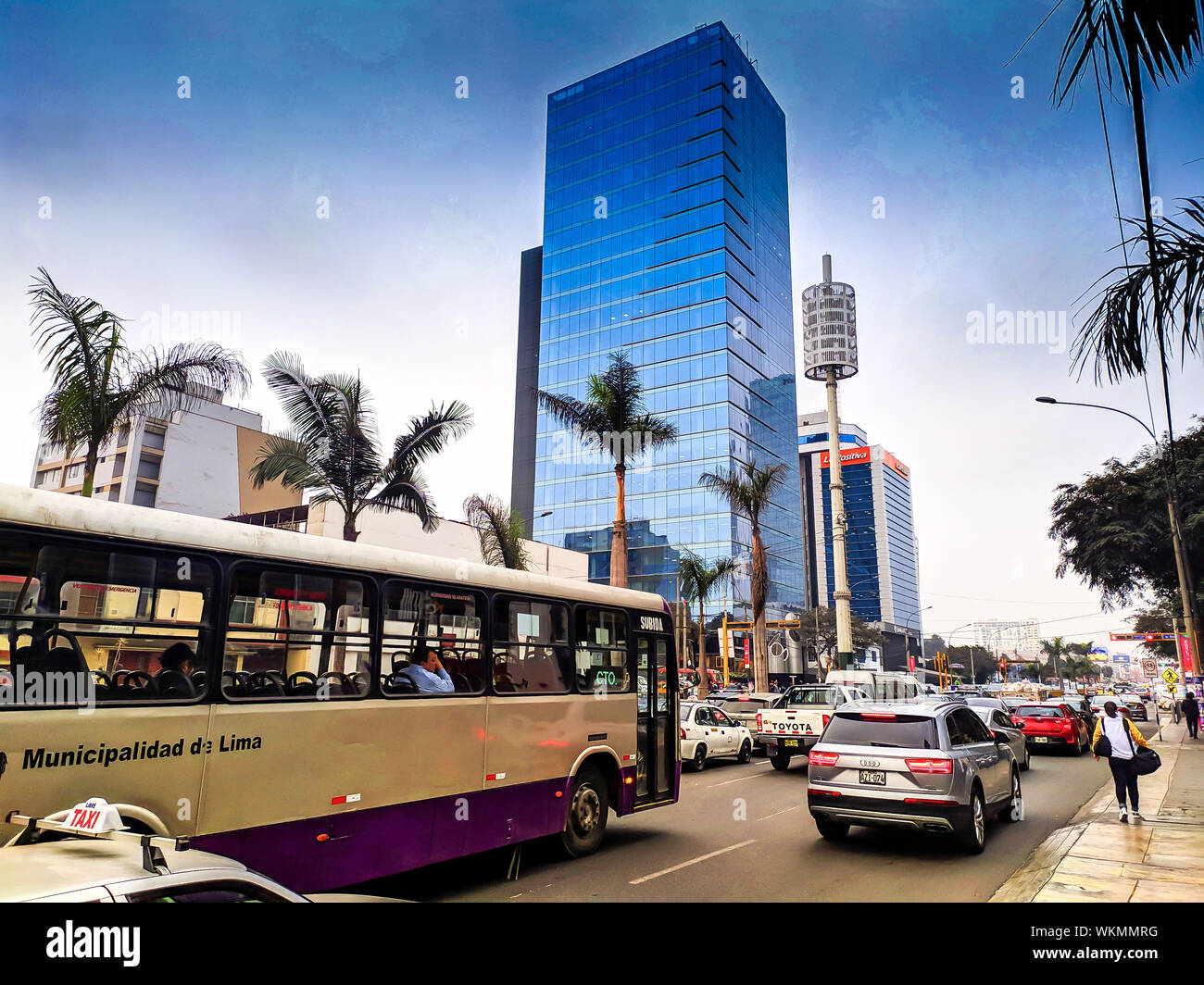 Heavy traffic on the main highway Javier Prado in the district of San ...