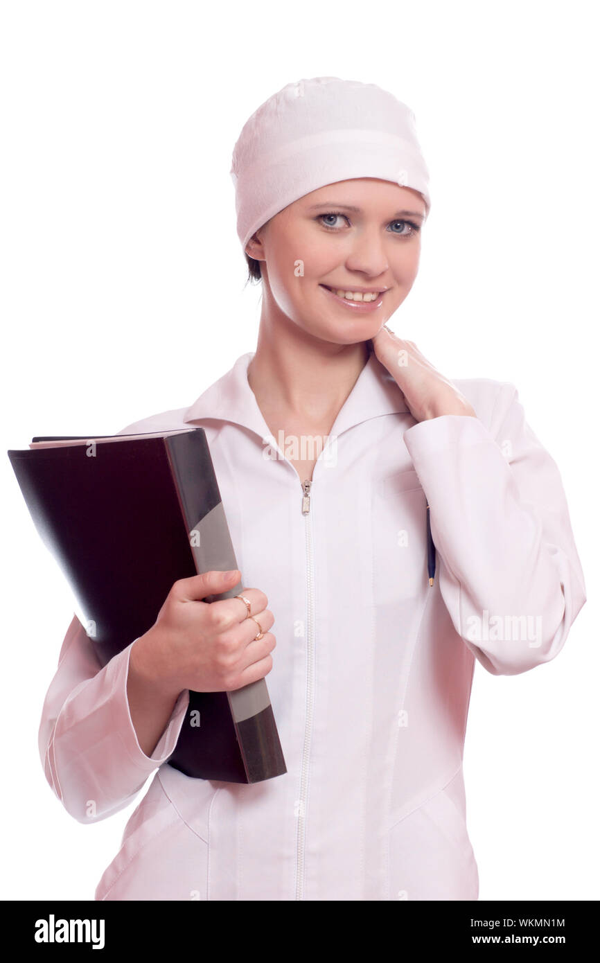 Beautiful young nurse holding file isolated on white Stock Photo - Alamy