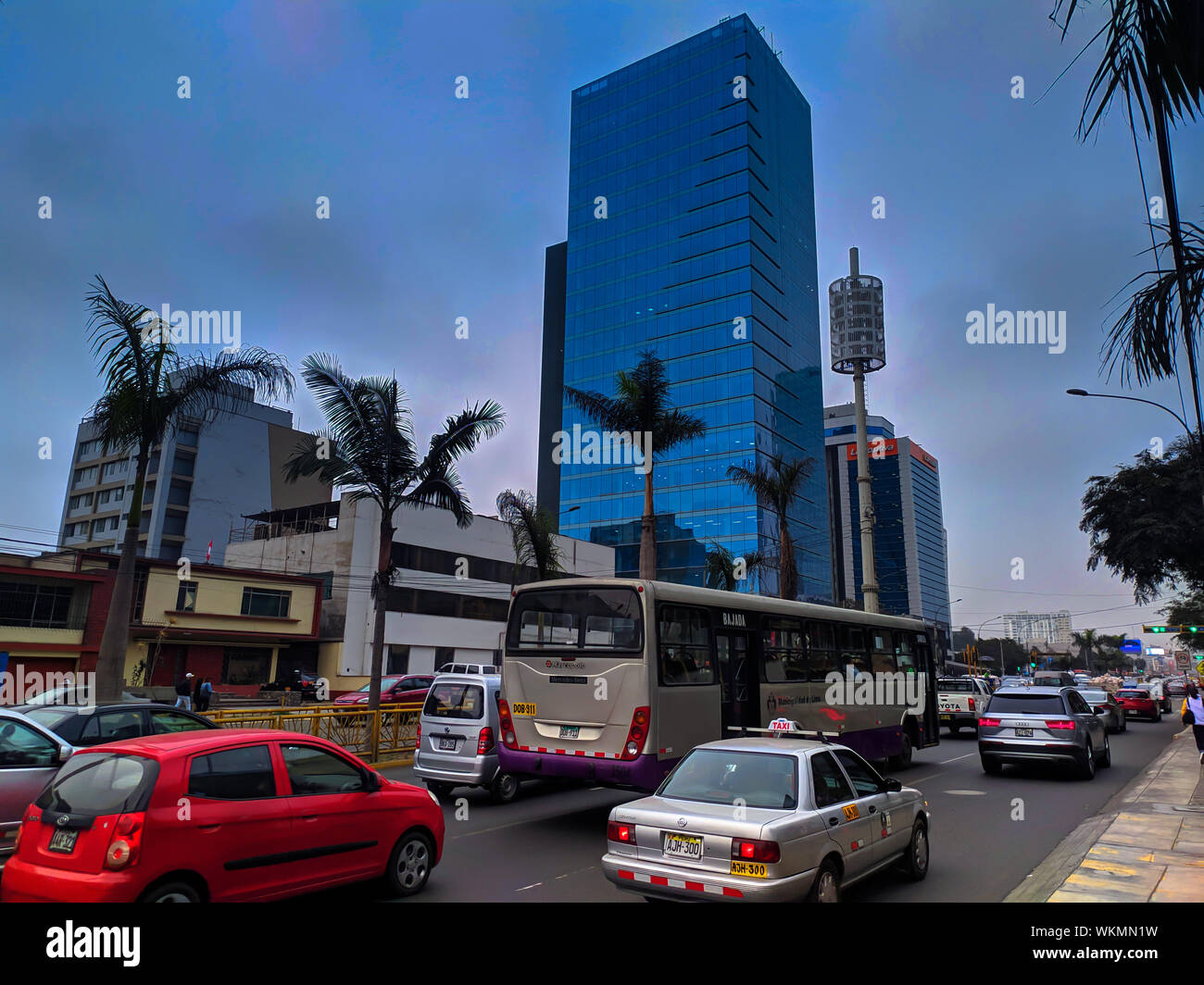 Heavy traffic on the main highway Javier Prado in the district of San ...