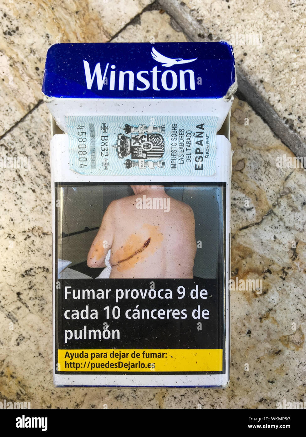 Spanish cigarettes pack, with healthcare announce, Lyon, France Stock ...