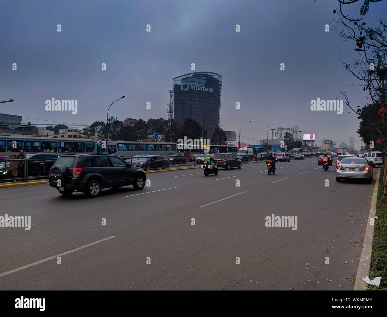 Heavy traffic on the main highway Javier Prado in the district of San ...