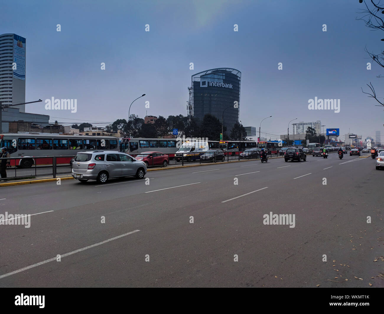 Heavy traffic on the main highway Javier Prado in the district of San ...