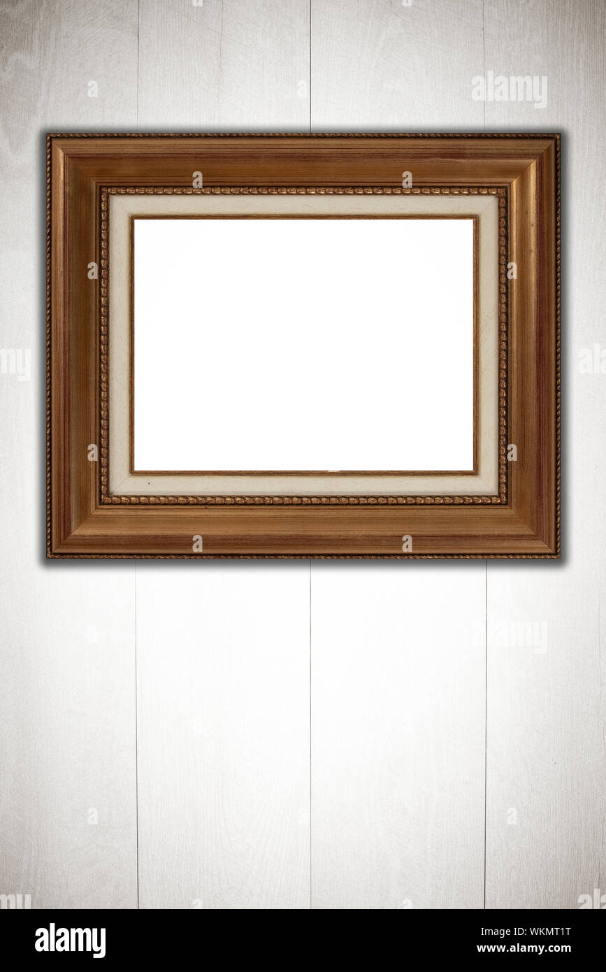 Old picture frame on vintage wood wall Stock Photo - Alamy