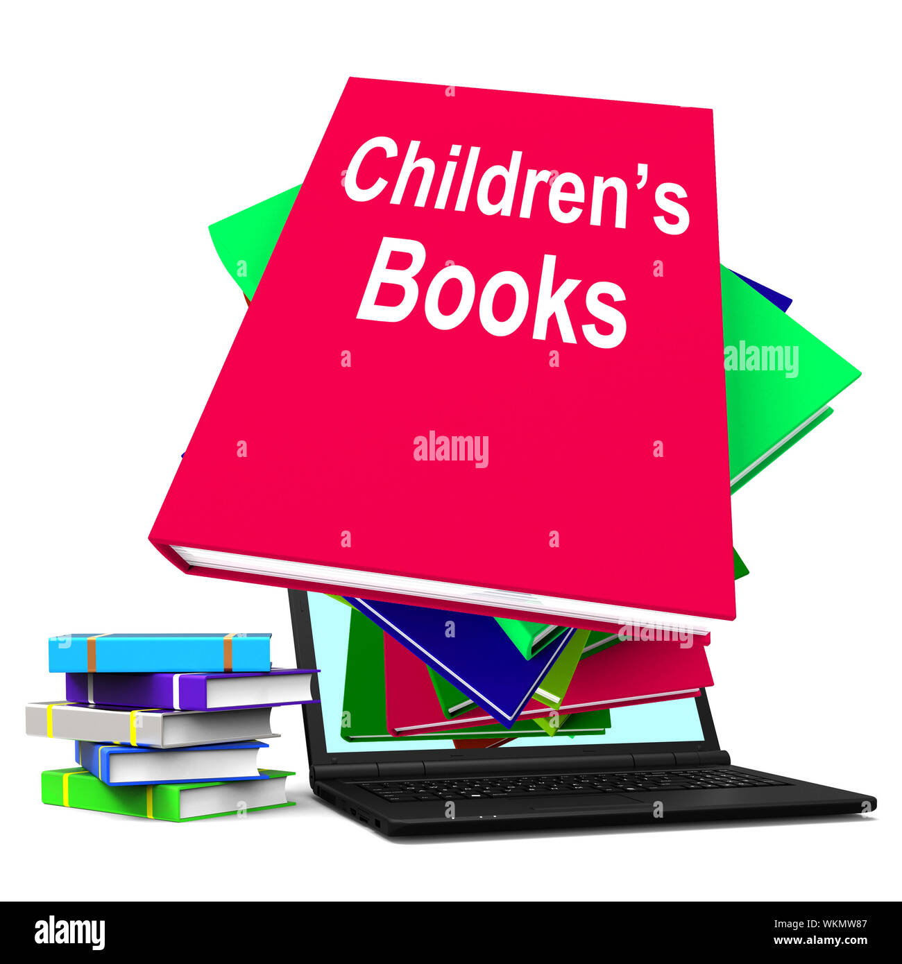 Children's Books Book Stack Laptop Showing Reading For Kids Stock Photo ...