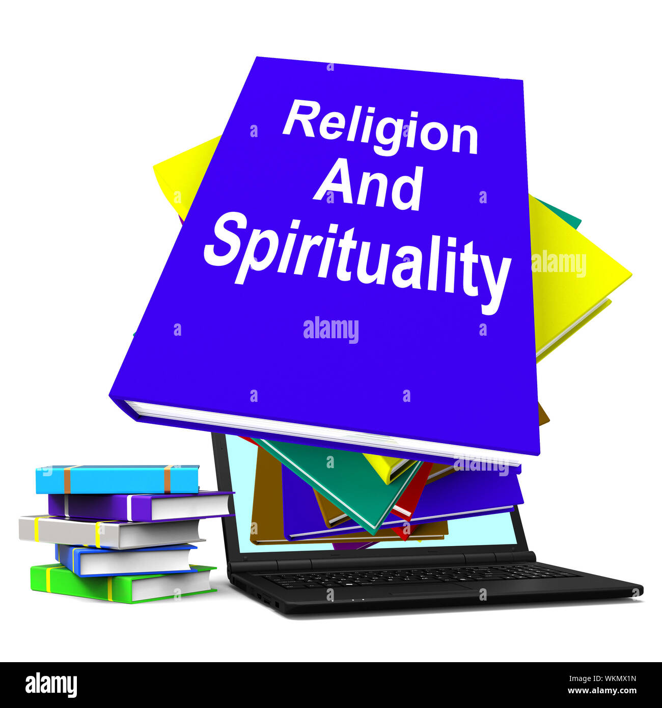 Religion And Spirituality Book Stack Laptop Showing Religious Spiritual ...