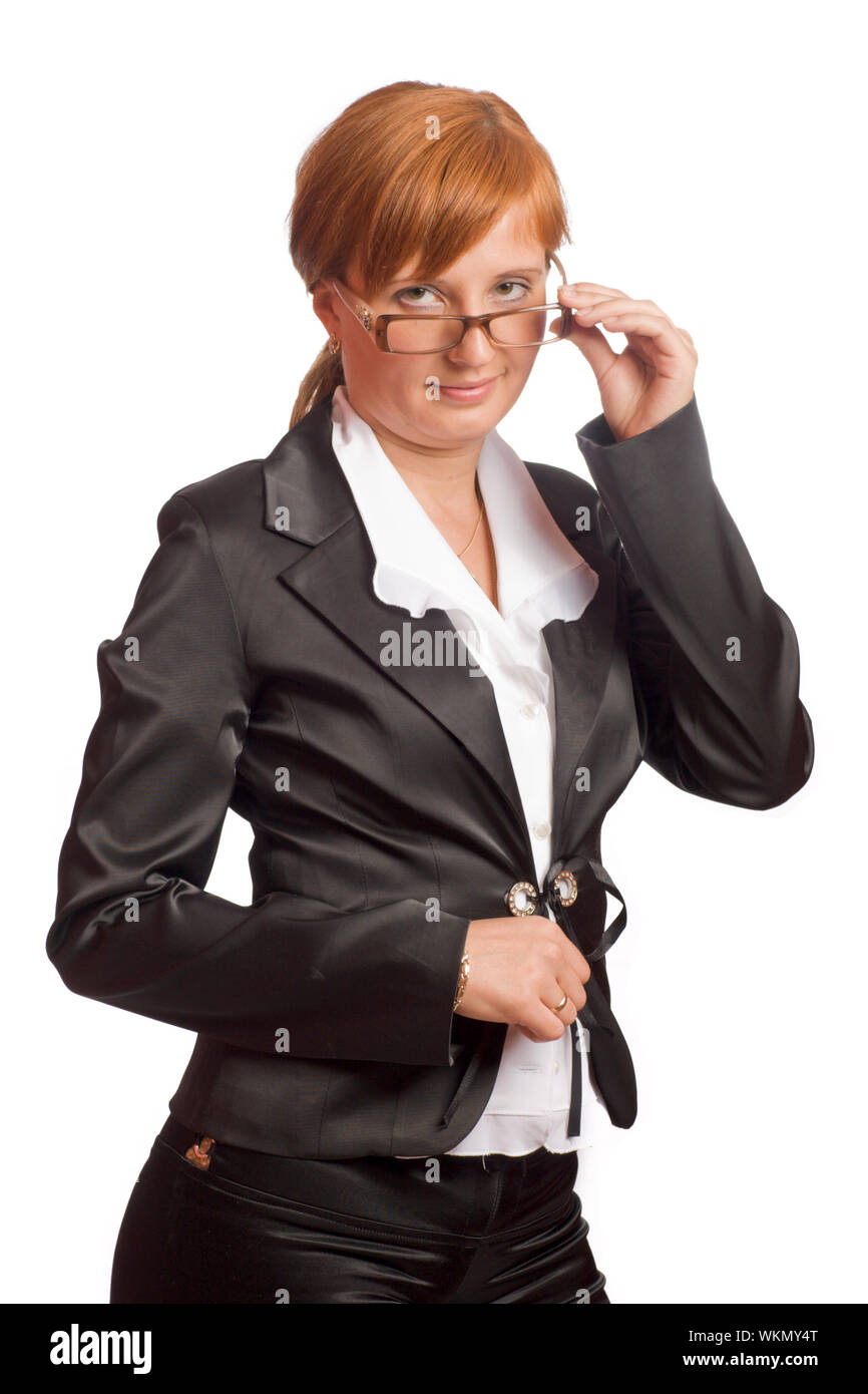 redhead Business woman wearing black suit isolated on white Stock Photo ...