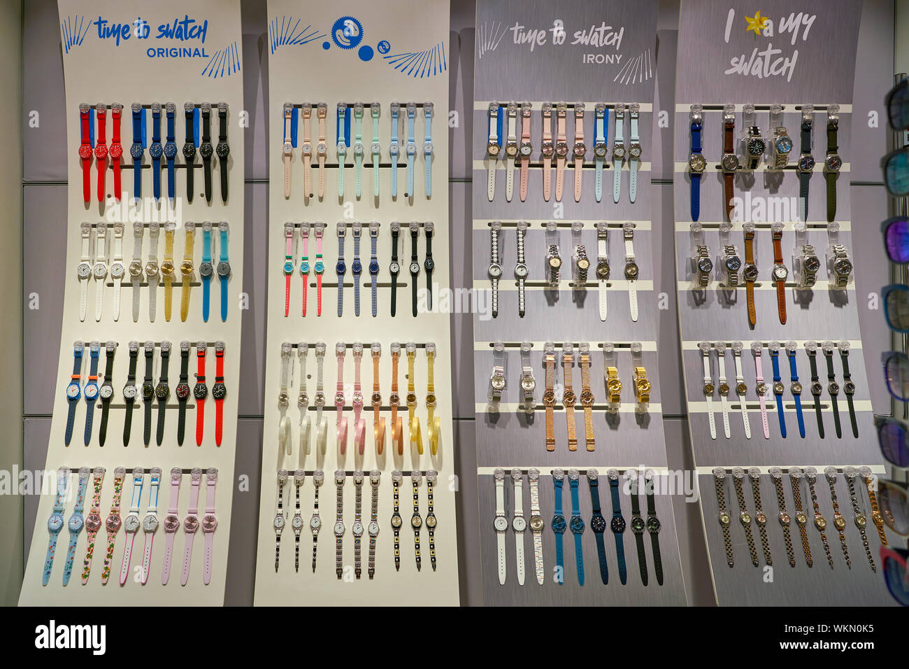 LINATE, ITALY - CIRCA NOVEMBER, 2017: wristwatches on display at Swatch ...