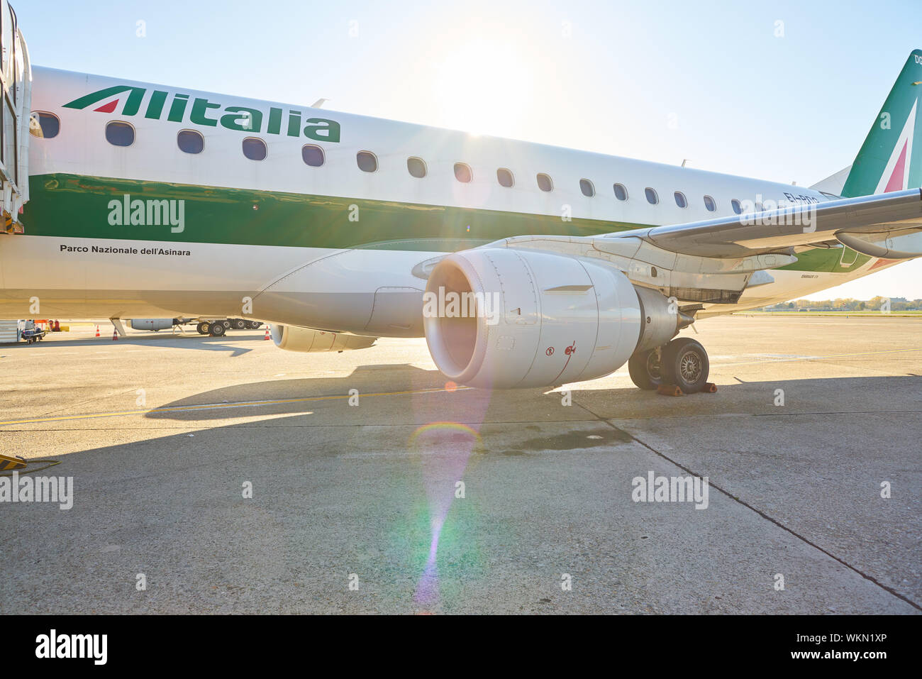 LINATE, ITALY - CIRCA NOVEMBER, 2017: Alitalia Cityliner Embraer ERJ ...
