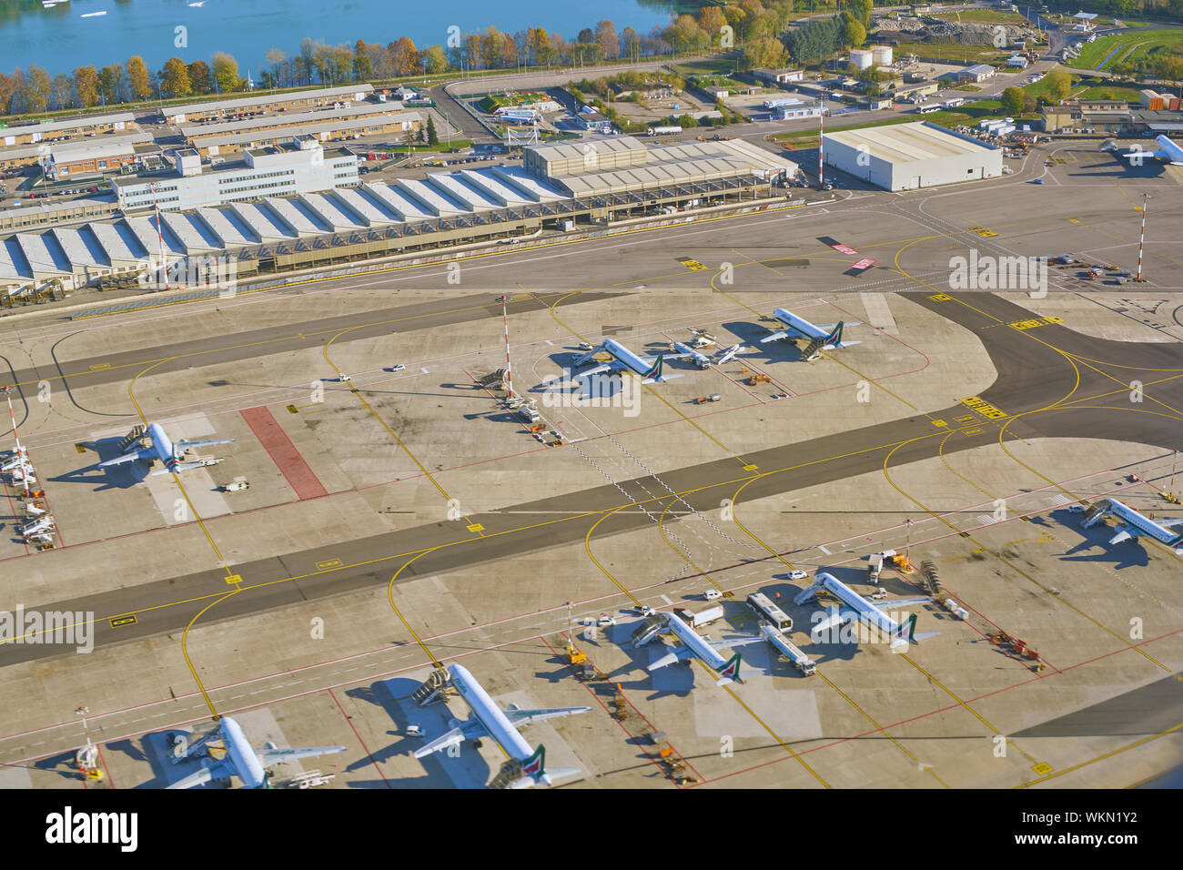 LINATE, ITALY - CIRCA NOVEMBER, 2017: aerial view from aircraft after ...