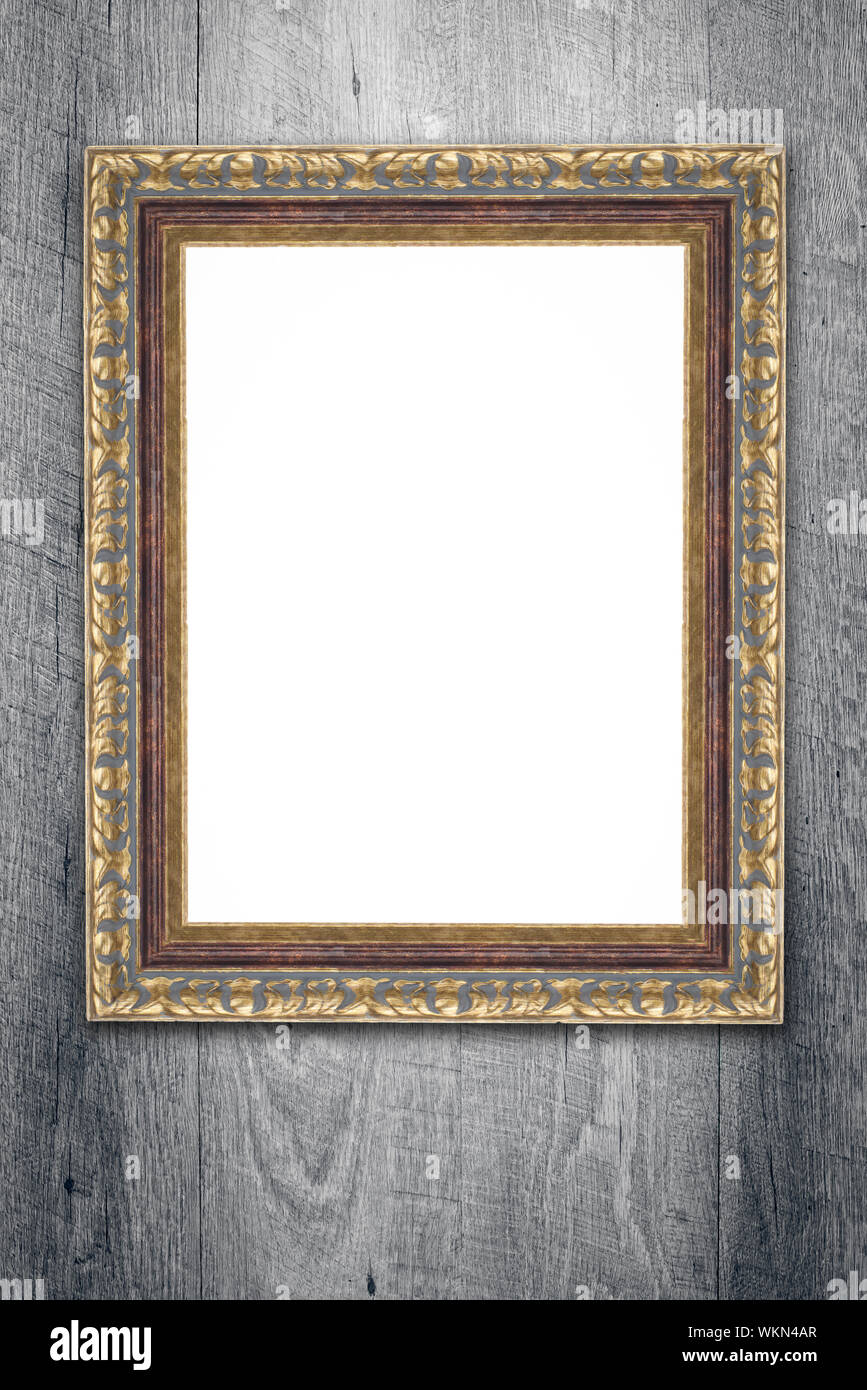 Old picture frame on vintage wood wall Stock Photo - Alamy