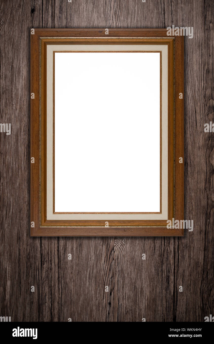 Old picture frame on vintage wood wall Stock Photo - Alamy