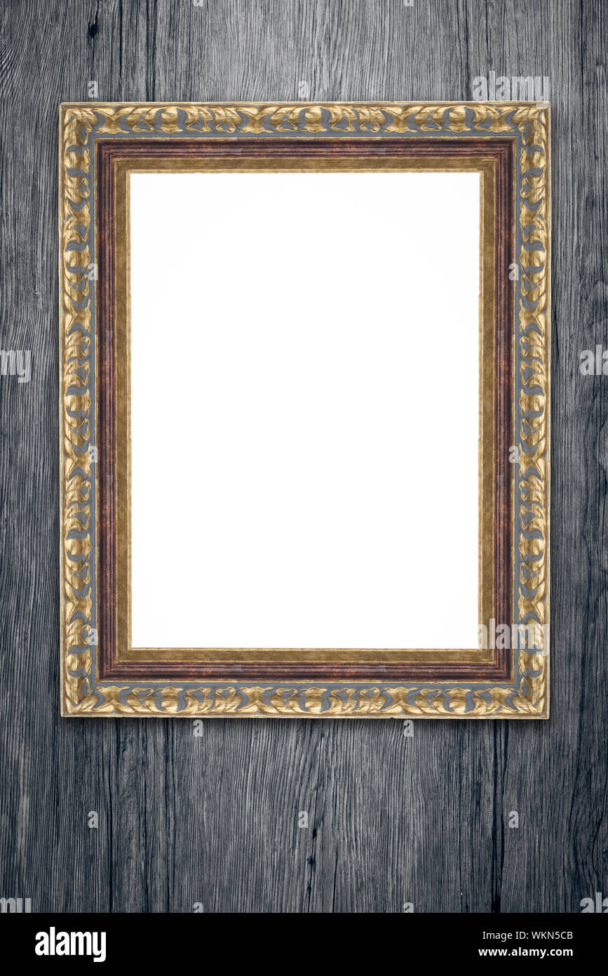 Old picture frame on vintage wood wall Stock Photo - Alamy