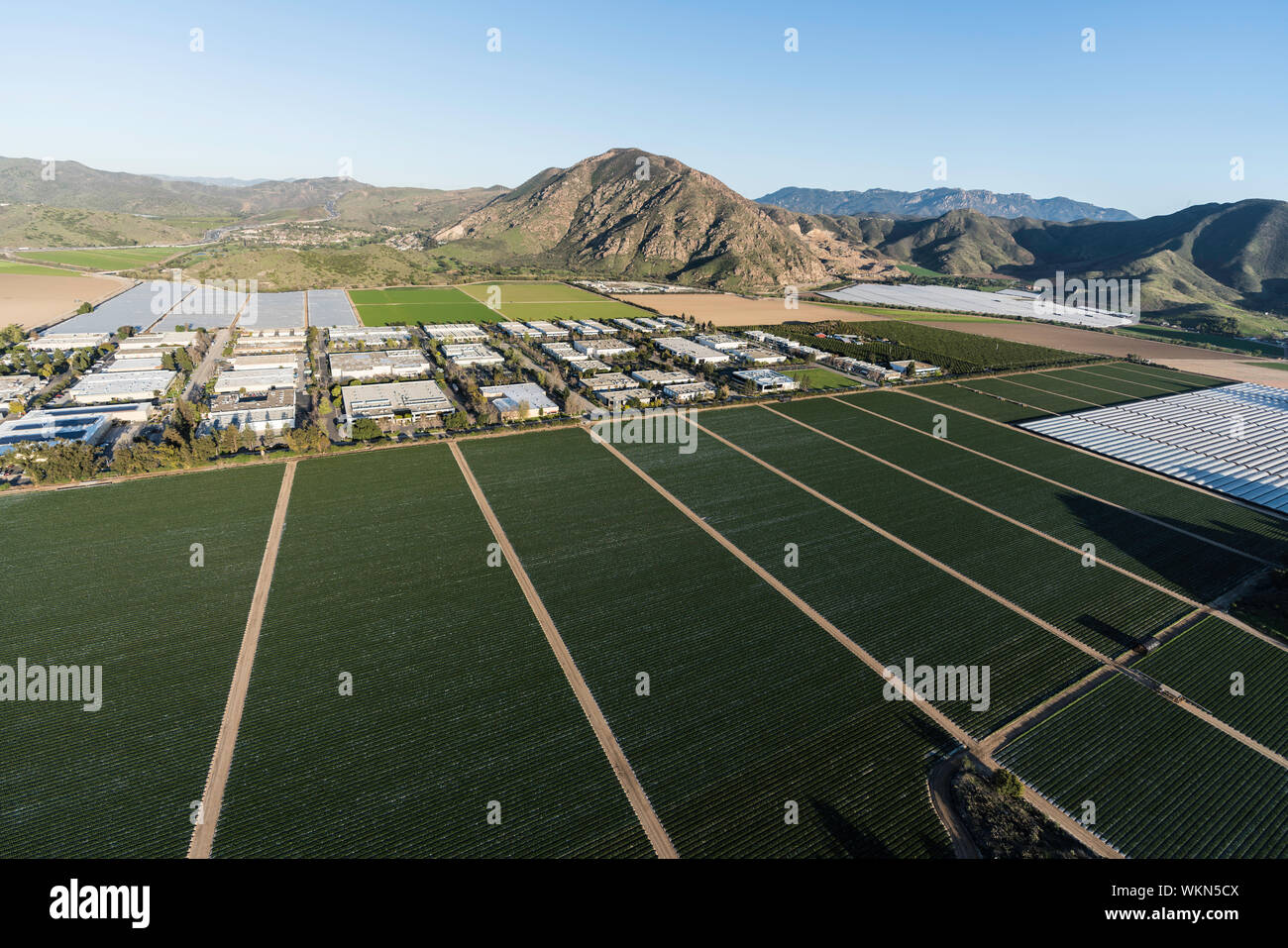 Aerial view of Camarillo farm fields and industrial buildings north of ...