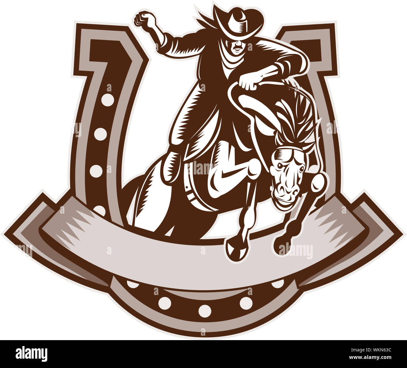 retro style illustration of a Rodeo Cowboy riding a jumping bronco ...