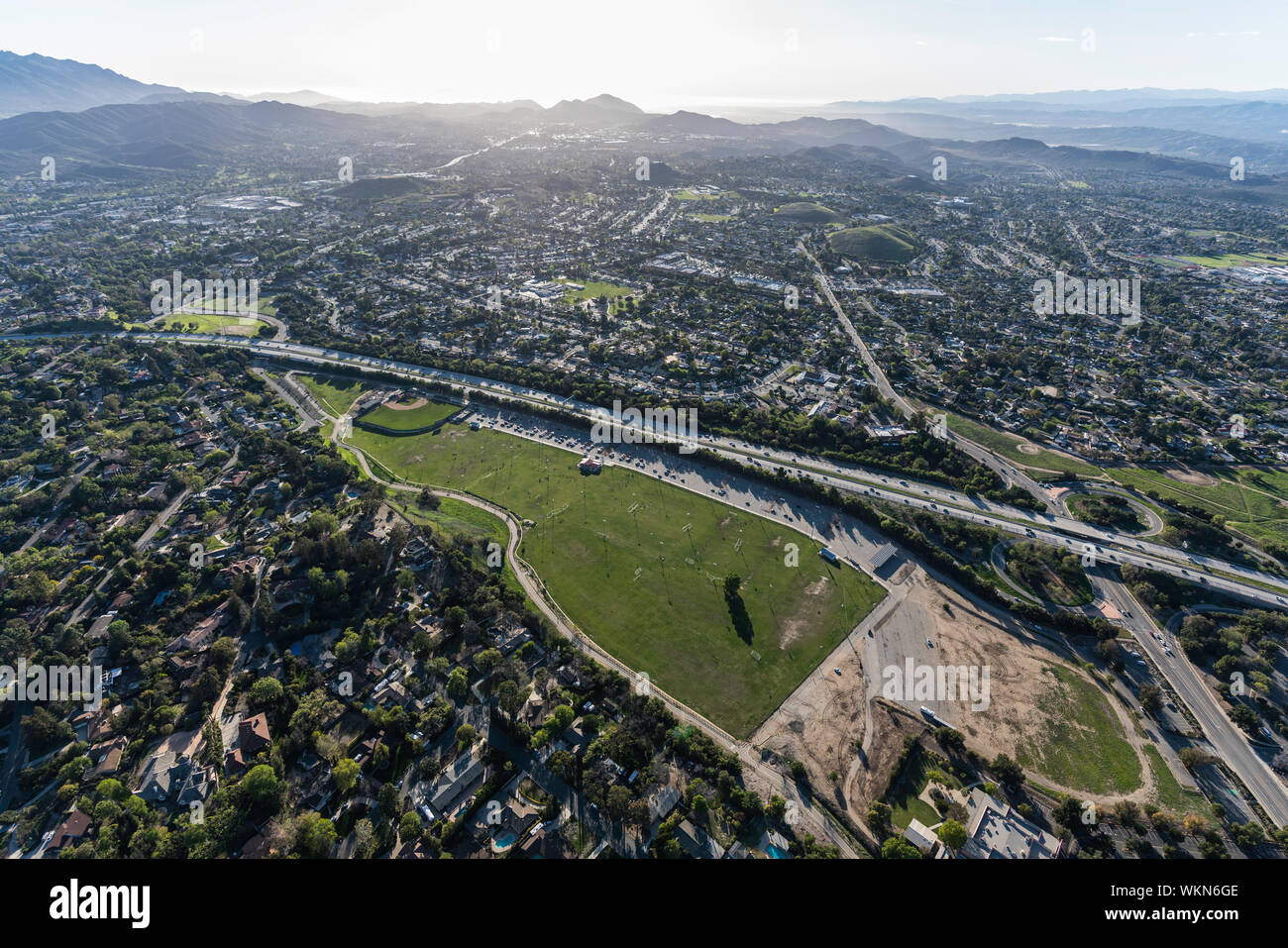 Aerial view of sports fields, homes and route 23 freeway near Los ...
