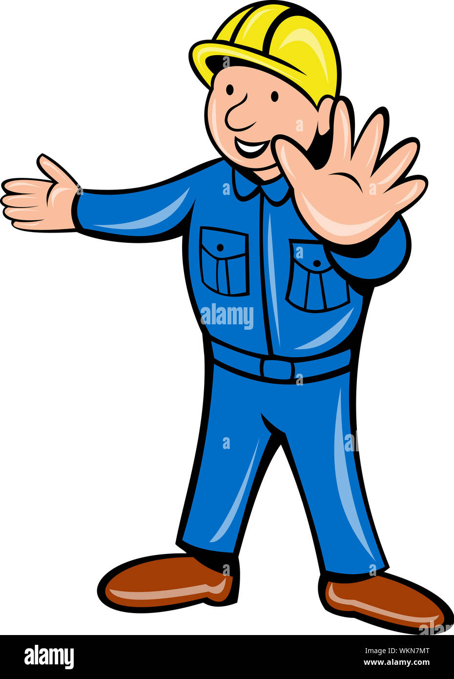 illustration of a cartoon construction worker holding hand out stop ...