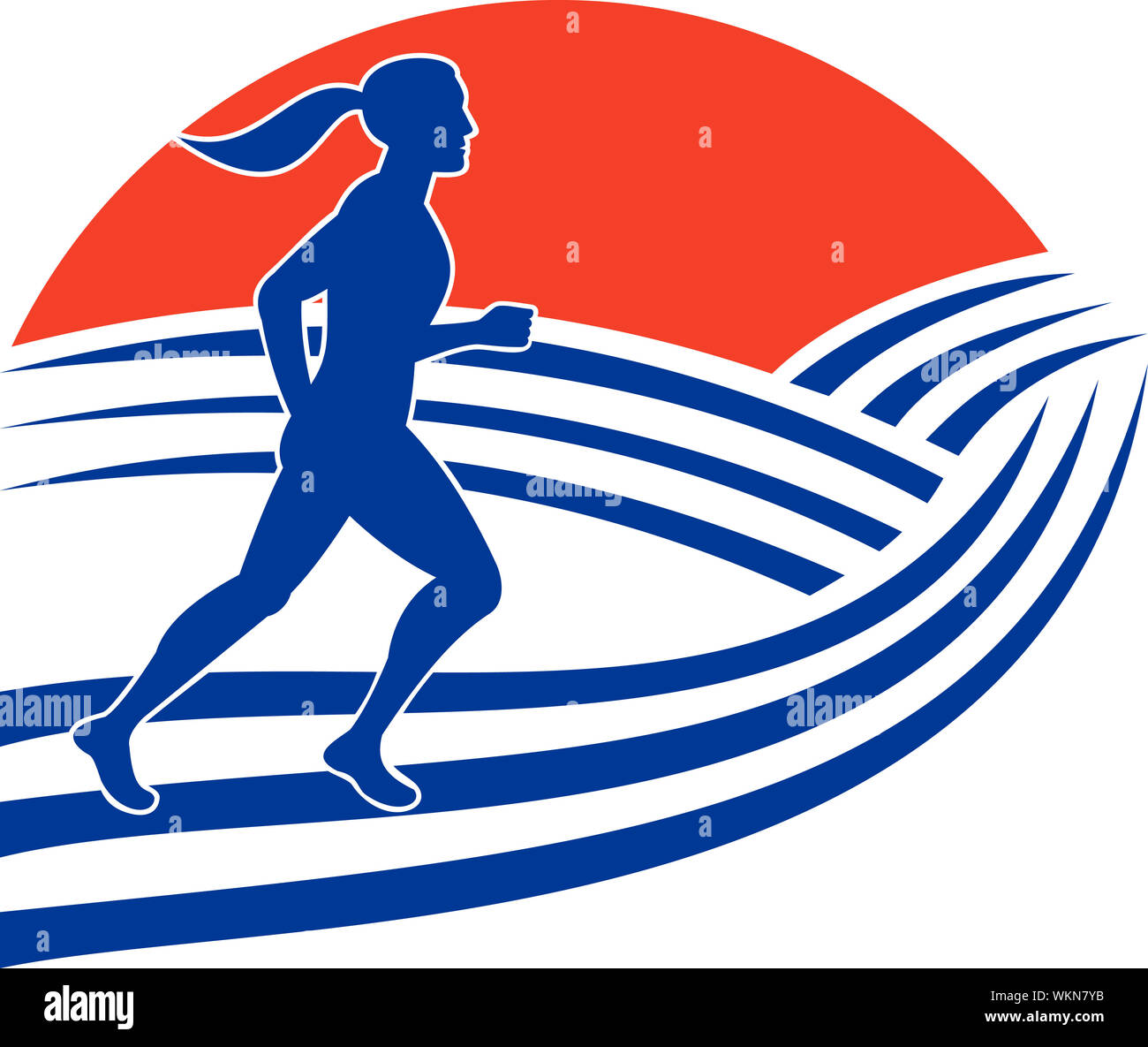 illustration of female marathon runner running side view with mountains ...