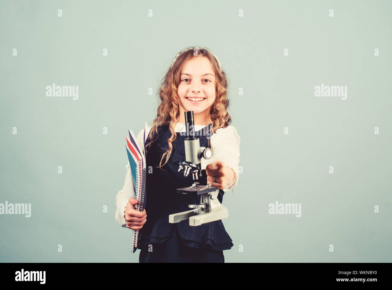 science research in lab. Small genius girl with microscope. small girl ...