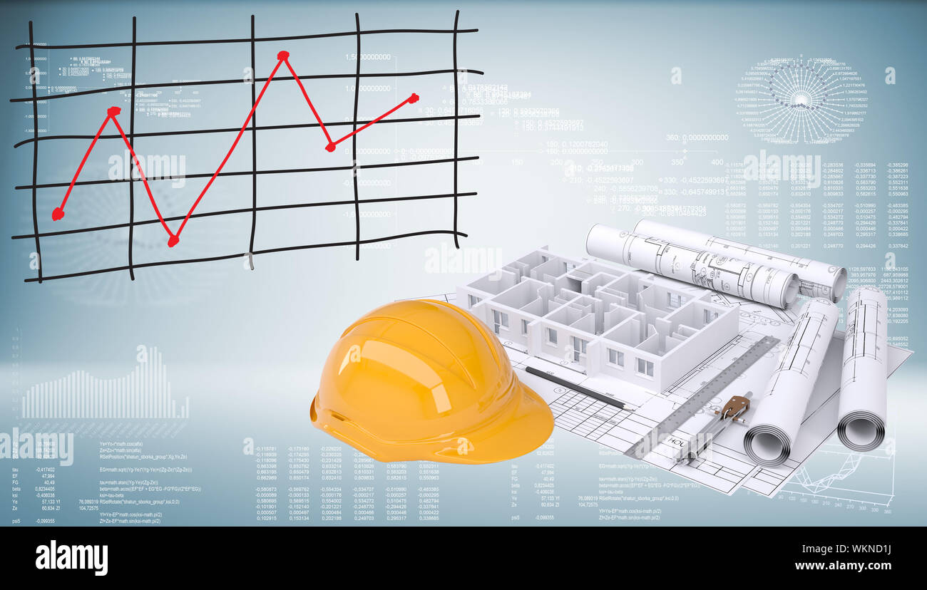Drawings, helmet, building walls and graph of price changes. Graphs and ...
