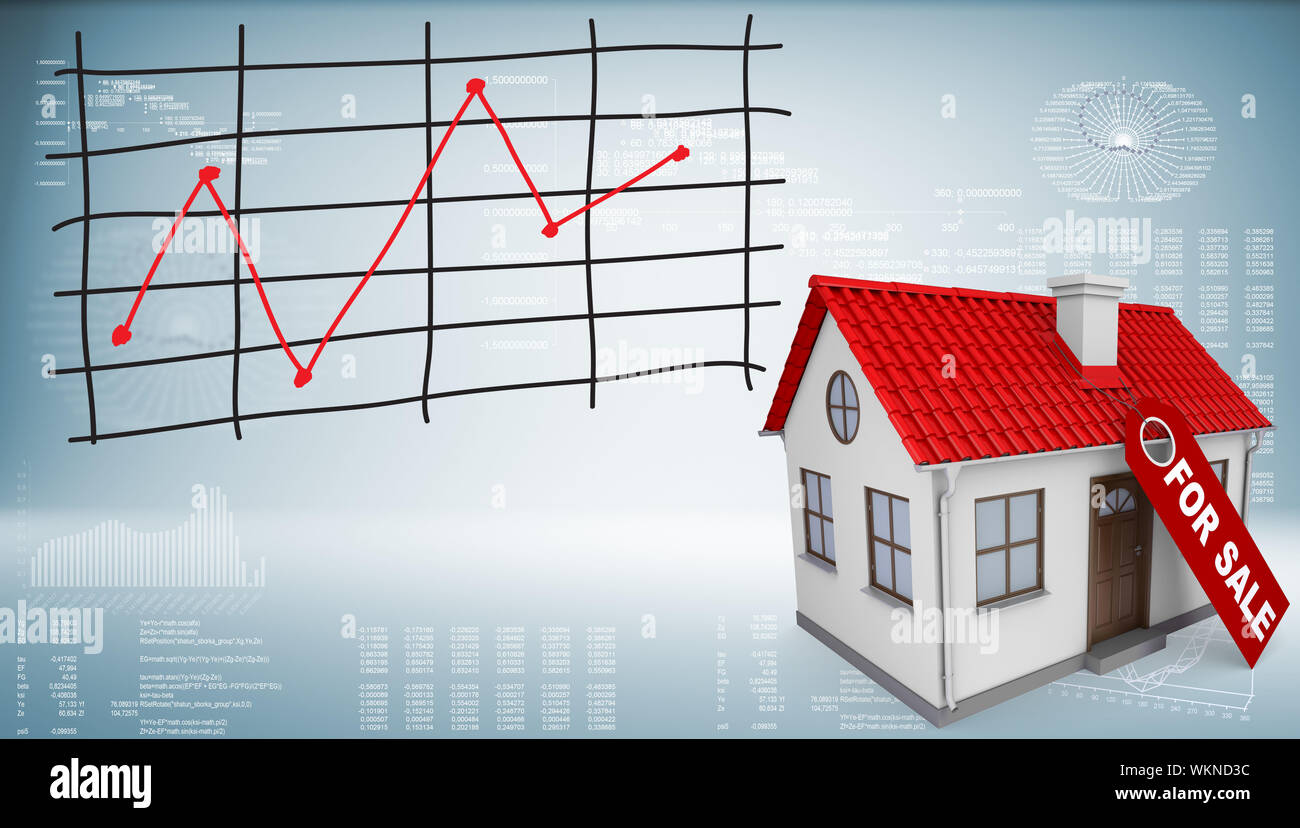 Small house with a label for the sale and graph of price changes ...