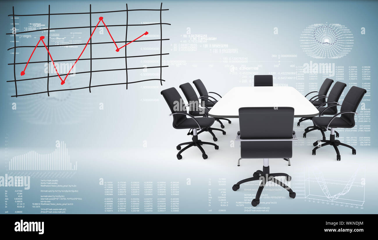 Conference table, chairs and laptops. Graphs and texts as backdrop ...