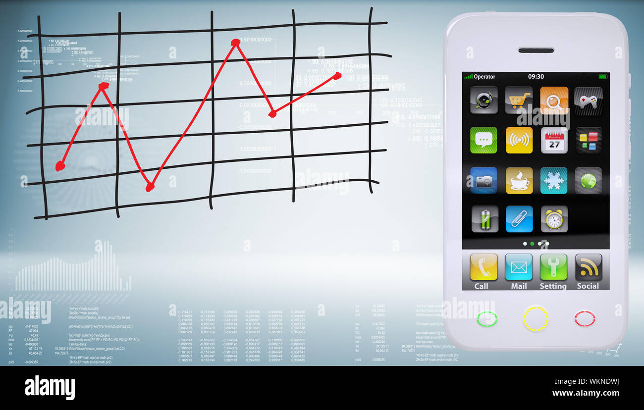 Smartphones with colorful apps and graph of price changes. Graphs as ...