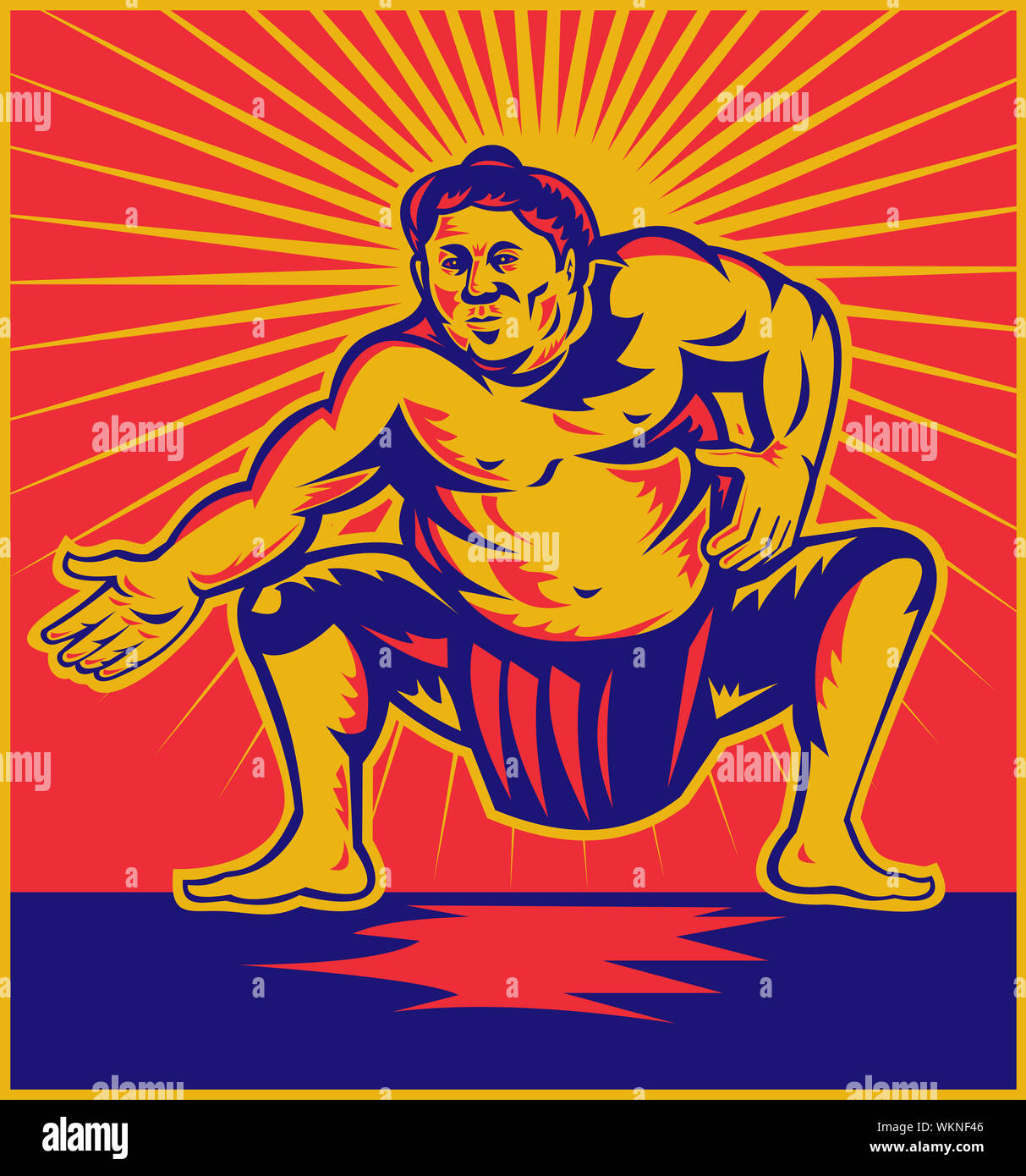 illustration of a Sumo wrestler crouching facing front with sunburst in ...