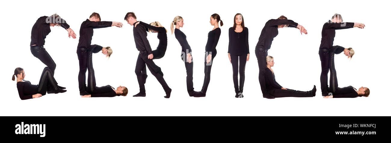 Group of people forming the word 'SERVICE', isolated on white ...