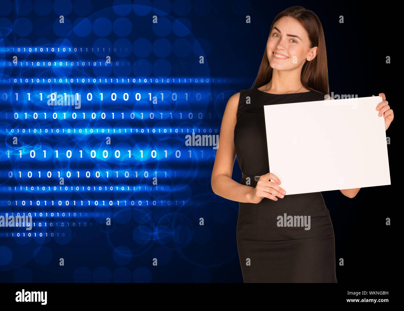Businesswoman holding paper sheet. Glowing figures and circles as ...