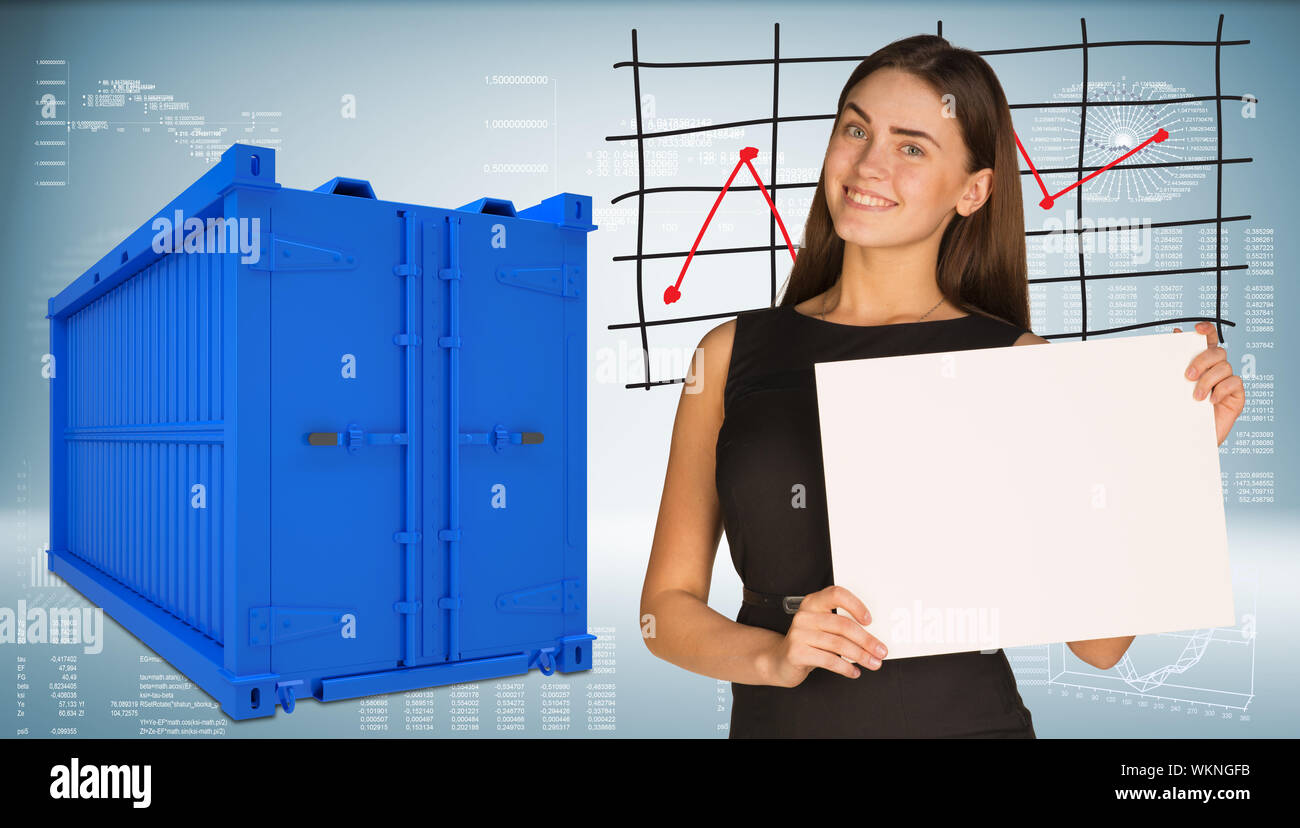 Businesswoman hold white paper. Freight shipping container and graphs ...