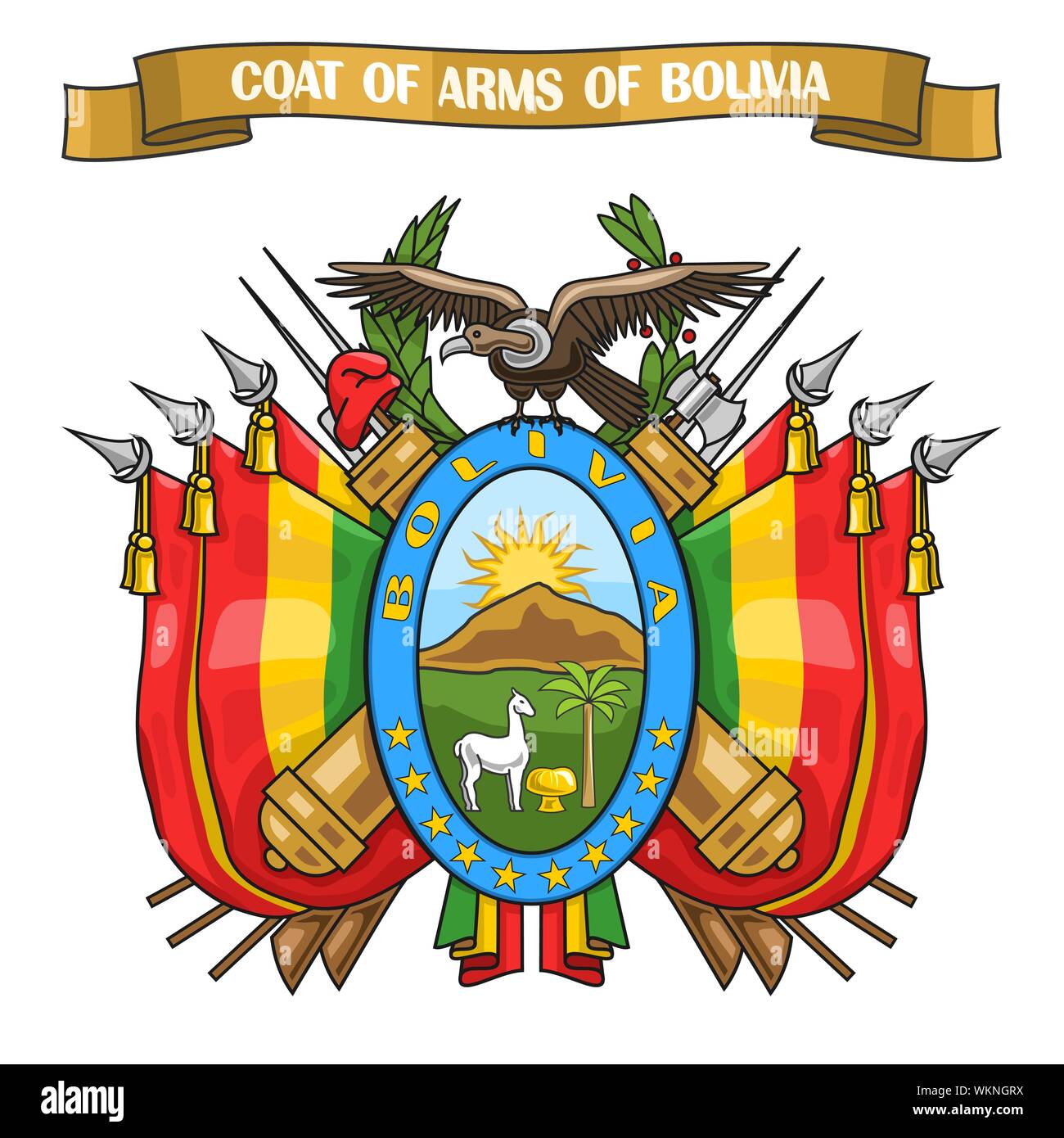 Vector illustration on theme of Bolivian Coat of Arms, heraldic shield with national state flags ...