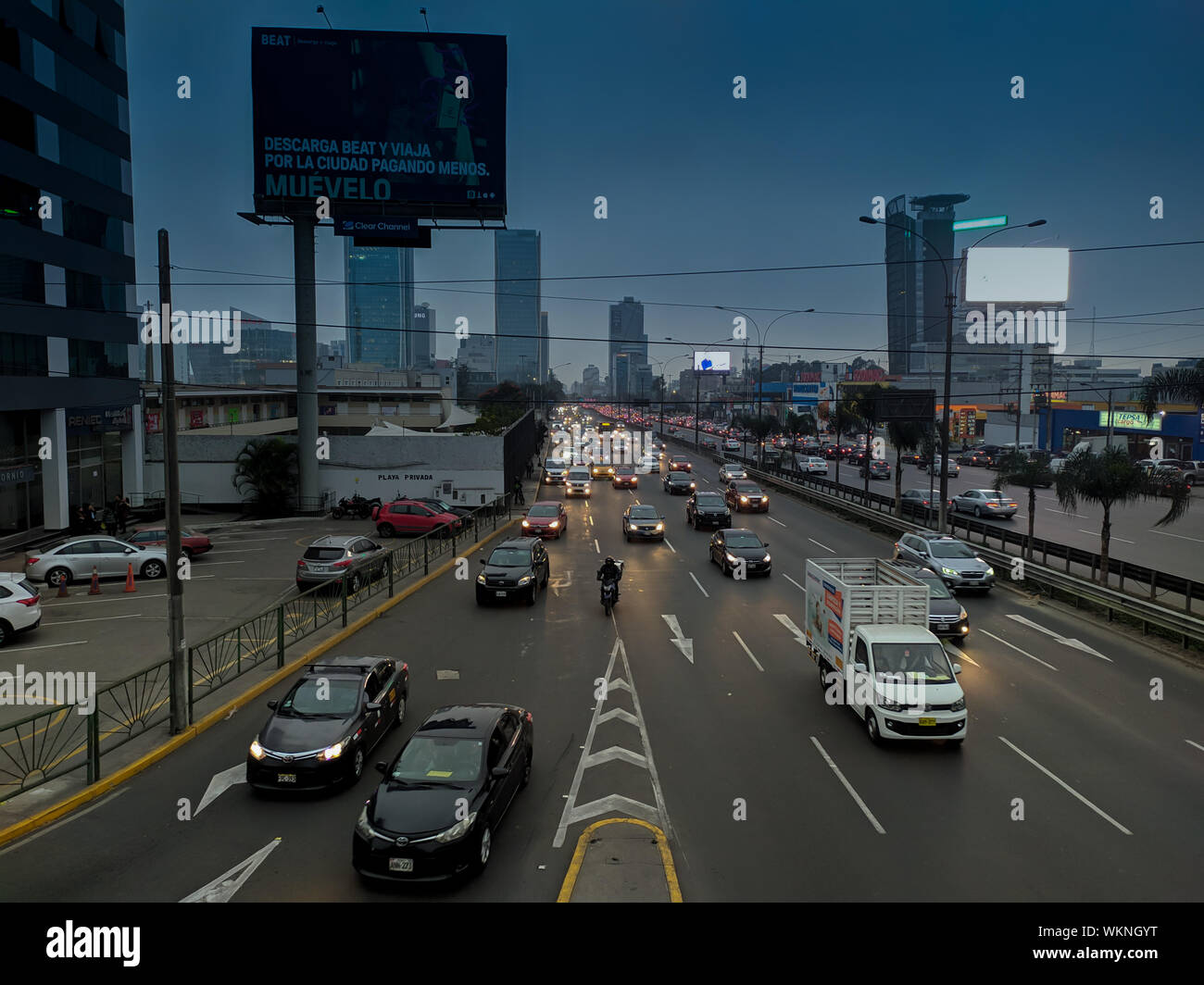 Heavy traffic on the main highway Javier Prado in the district of San ...