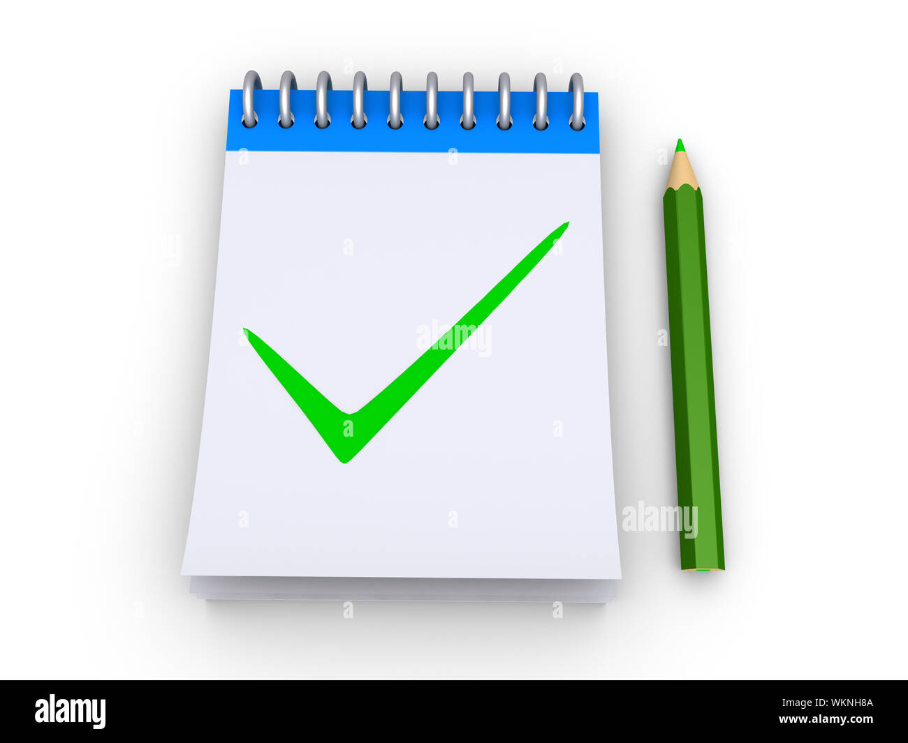 3d notepad with a check mark drawn to it and a pencil Stock Photo - Alamy