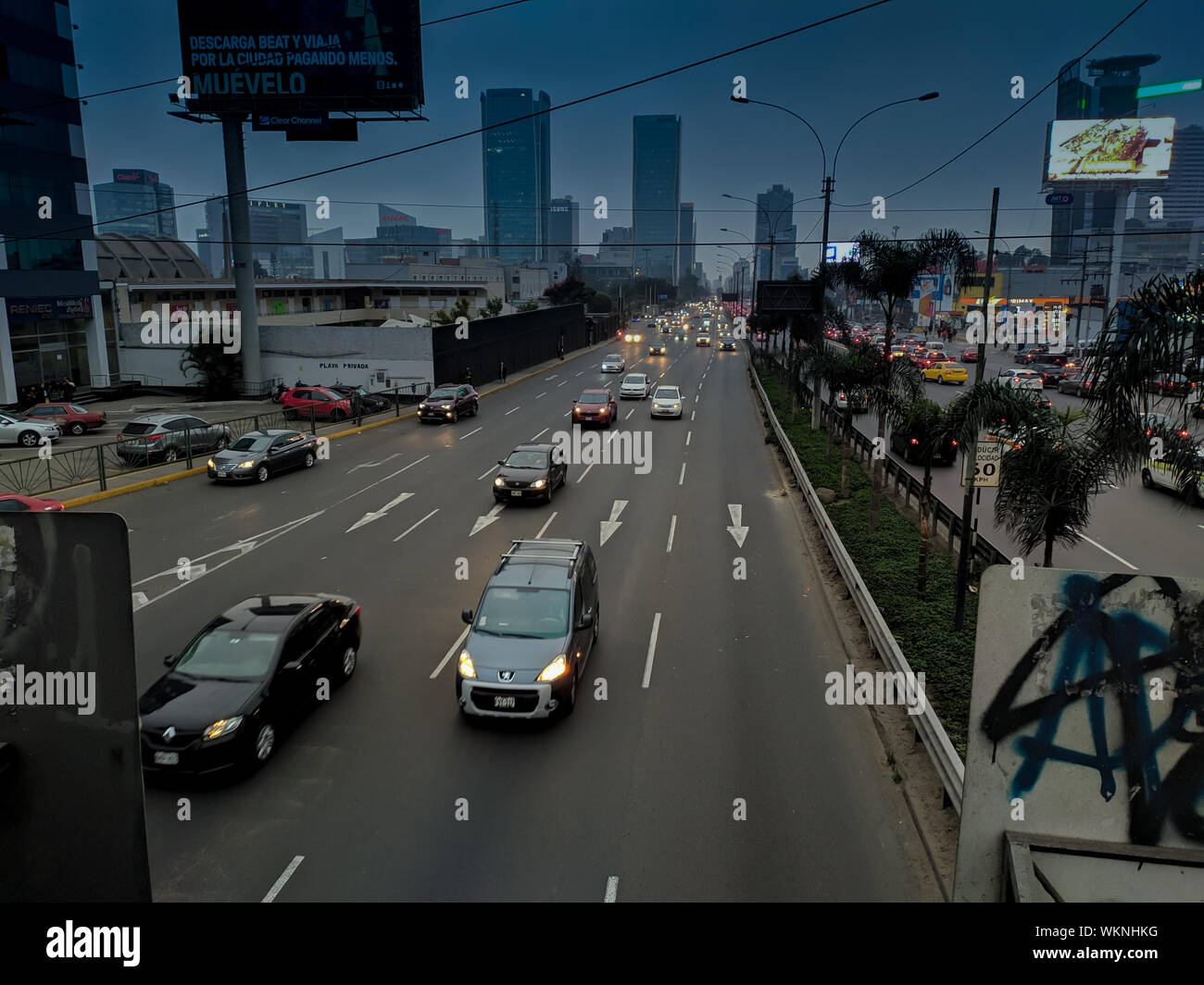 Heavy traffic on the main highway Javier Prado in the district of San ...