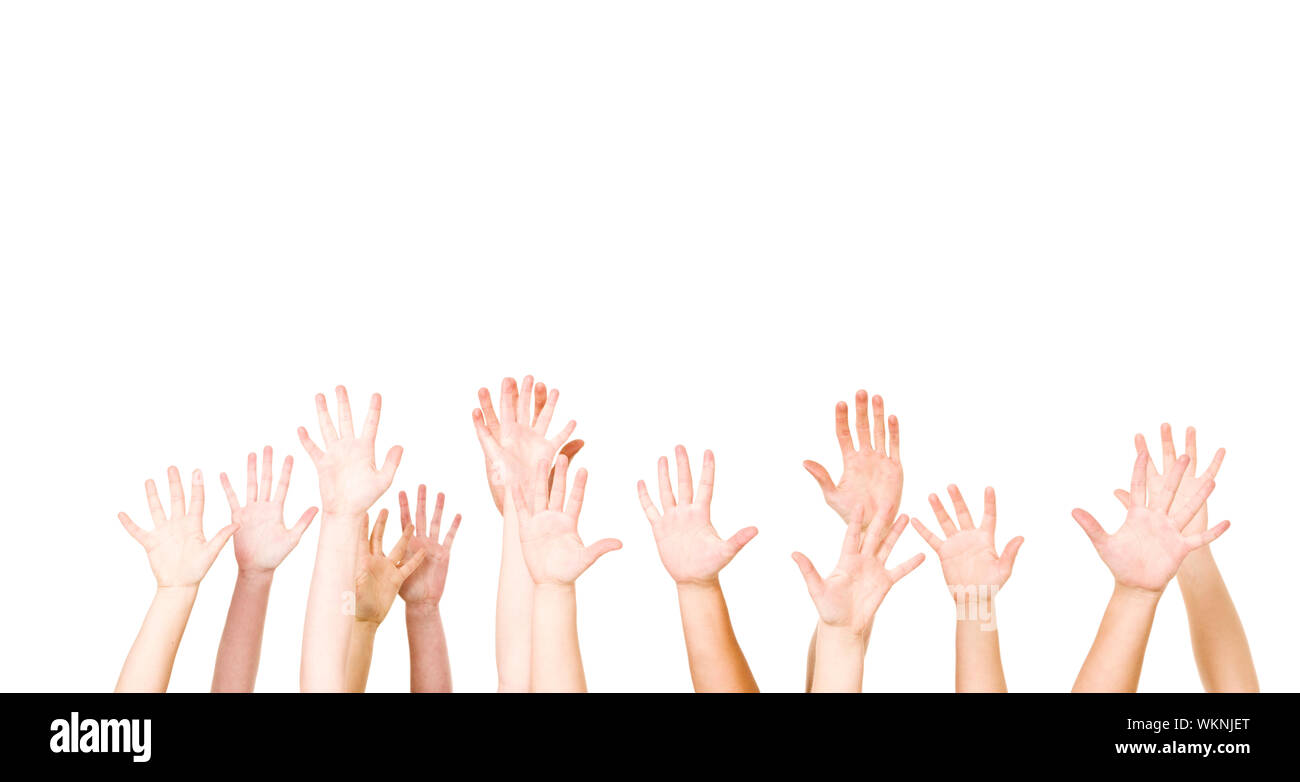 Group of Hands in the air isolated on white background Stock Photo - Alamy