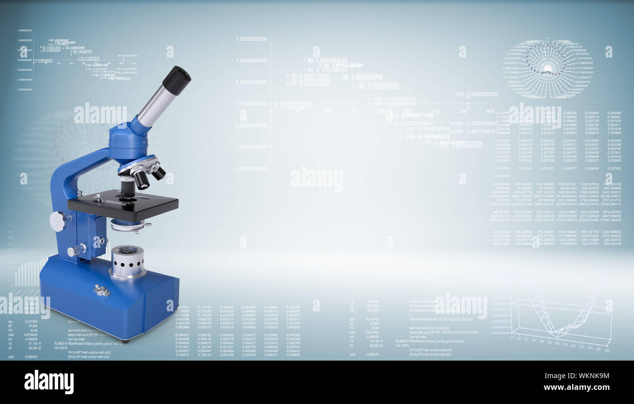 Blue chemistry microscope. Graphs and texts as backdrop Stock Photo - Alamy