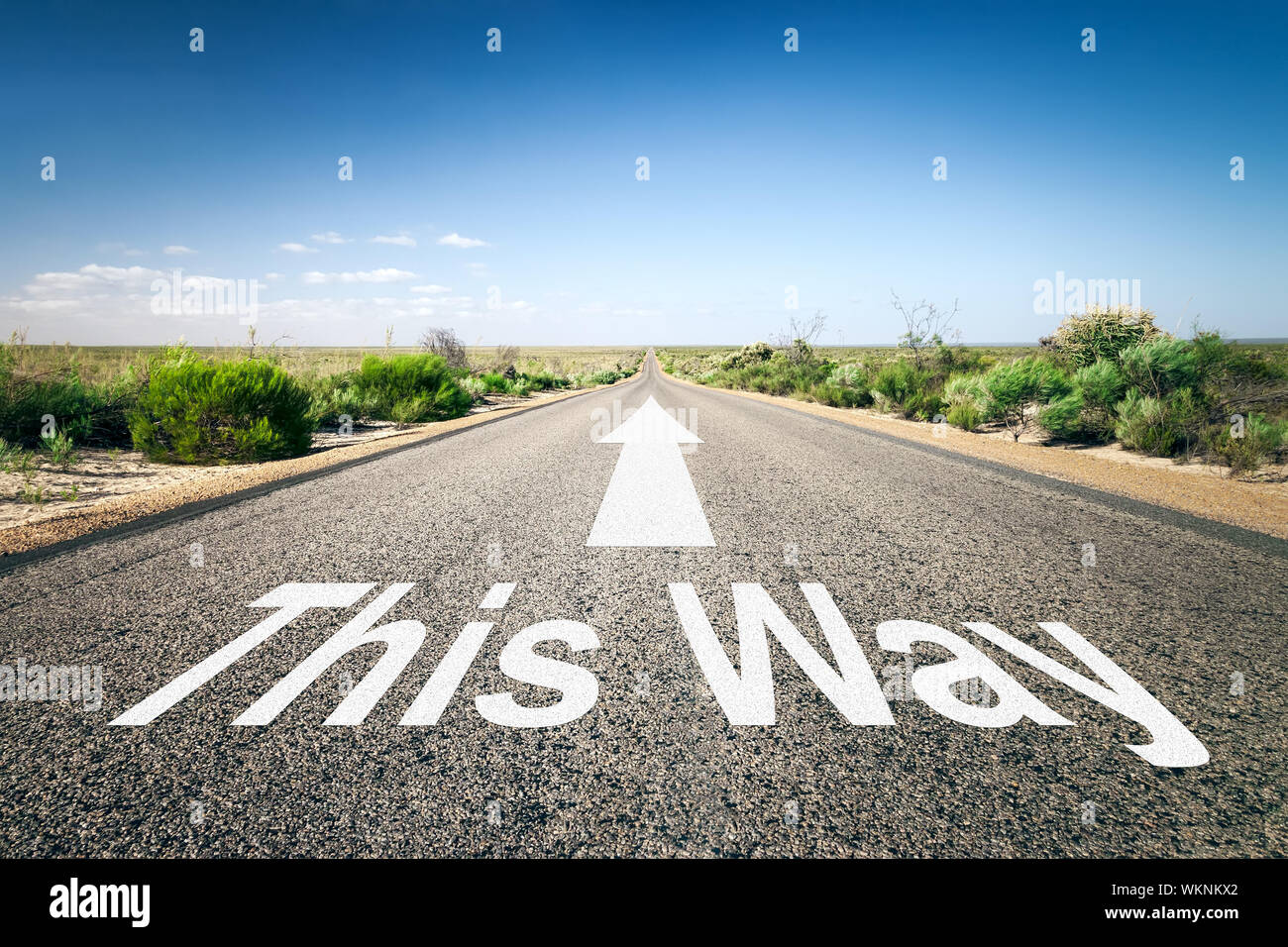 An image of a road to the horizon with text this way Stock Photo - Alamy