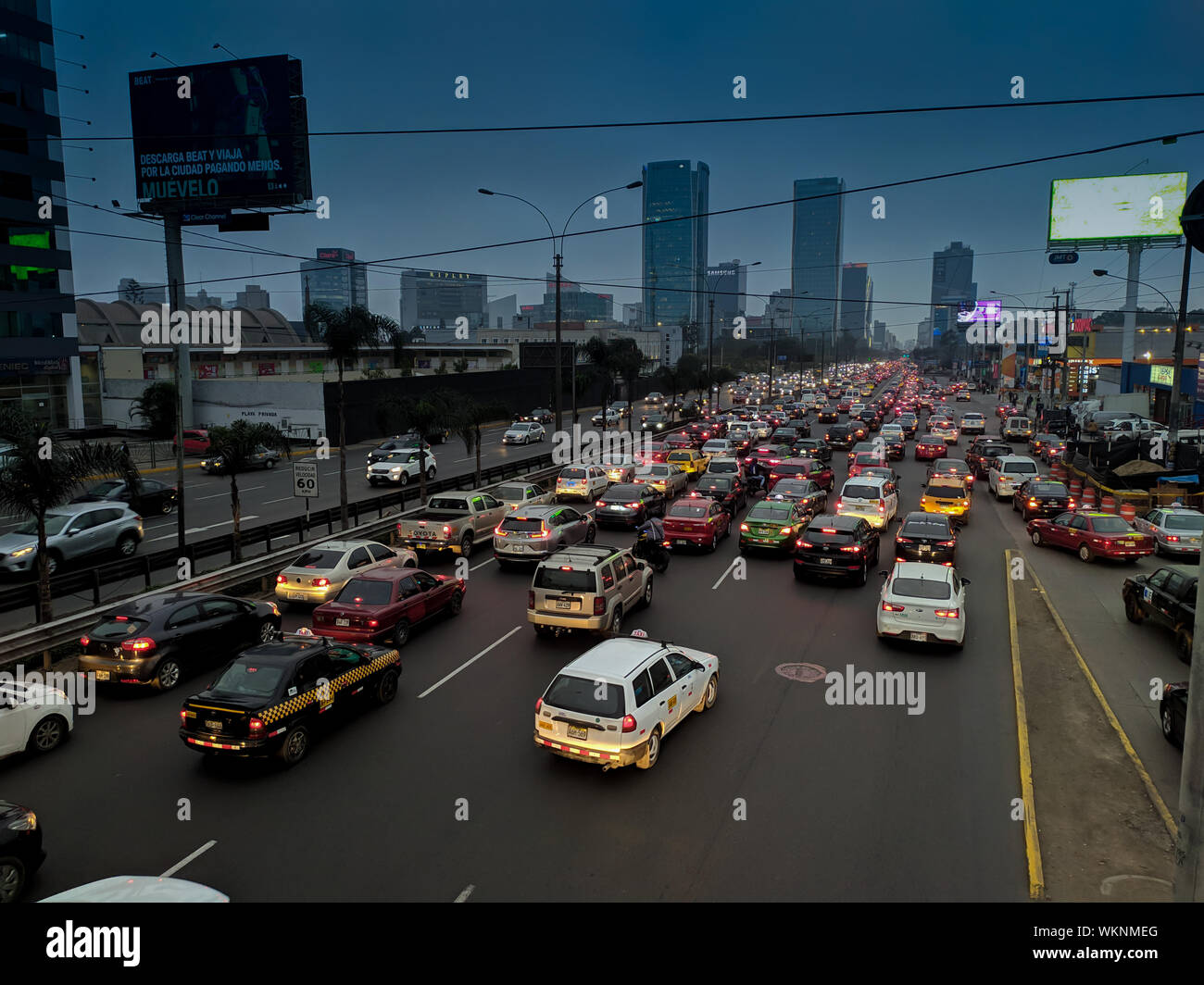 Heavy traffic on the main highway Javier Prado in the district of San ...