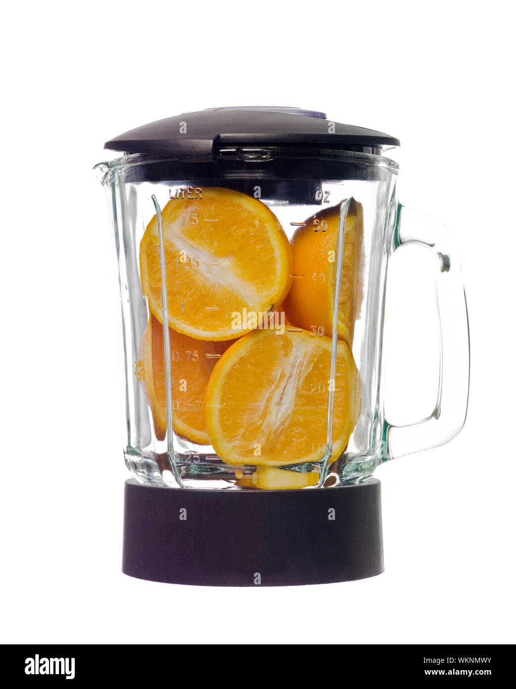 Blender with oranges isolated on white background Stock Photo - Alamy