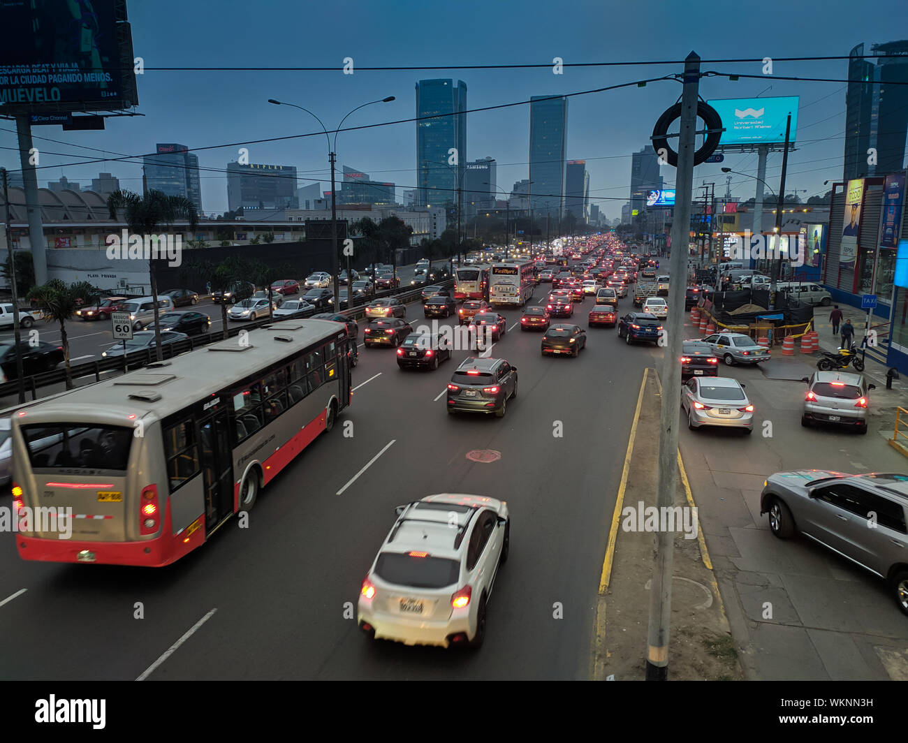 Heavy traffic on the main highway Javier Prado in the district of San ...