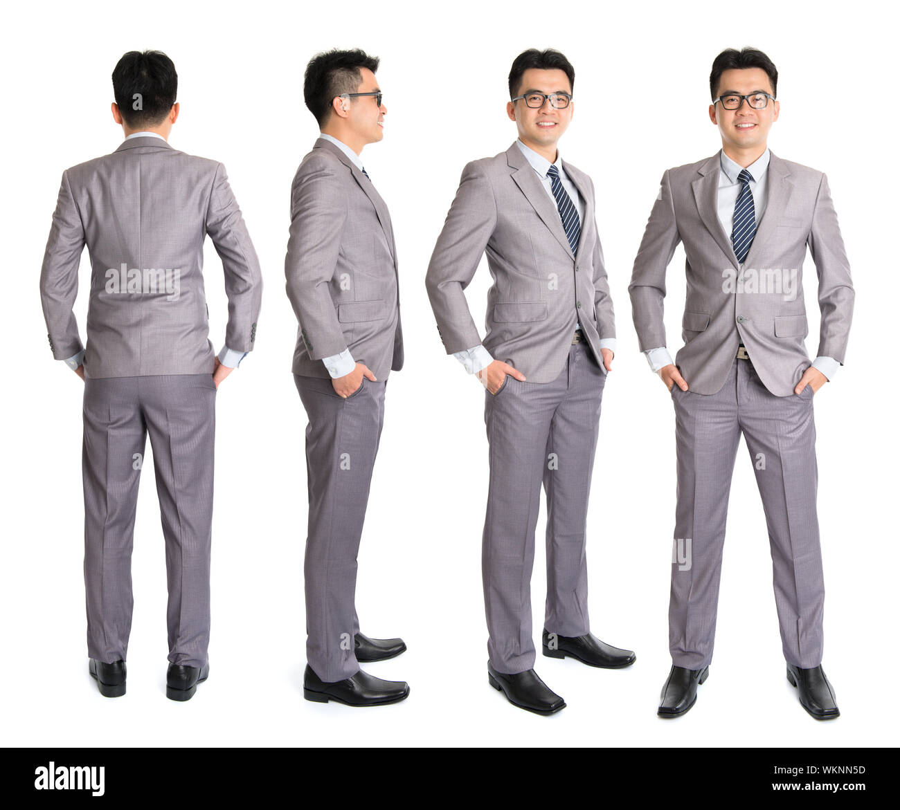 Full body Asian businessman in different angle, front, side and rear ...