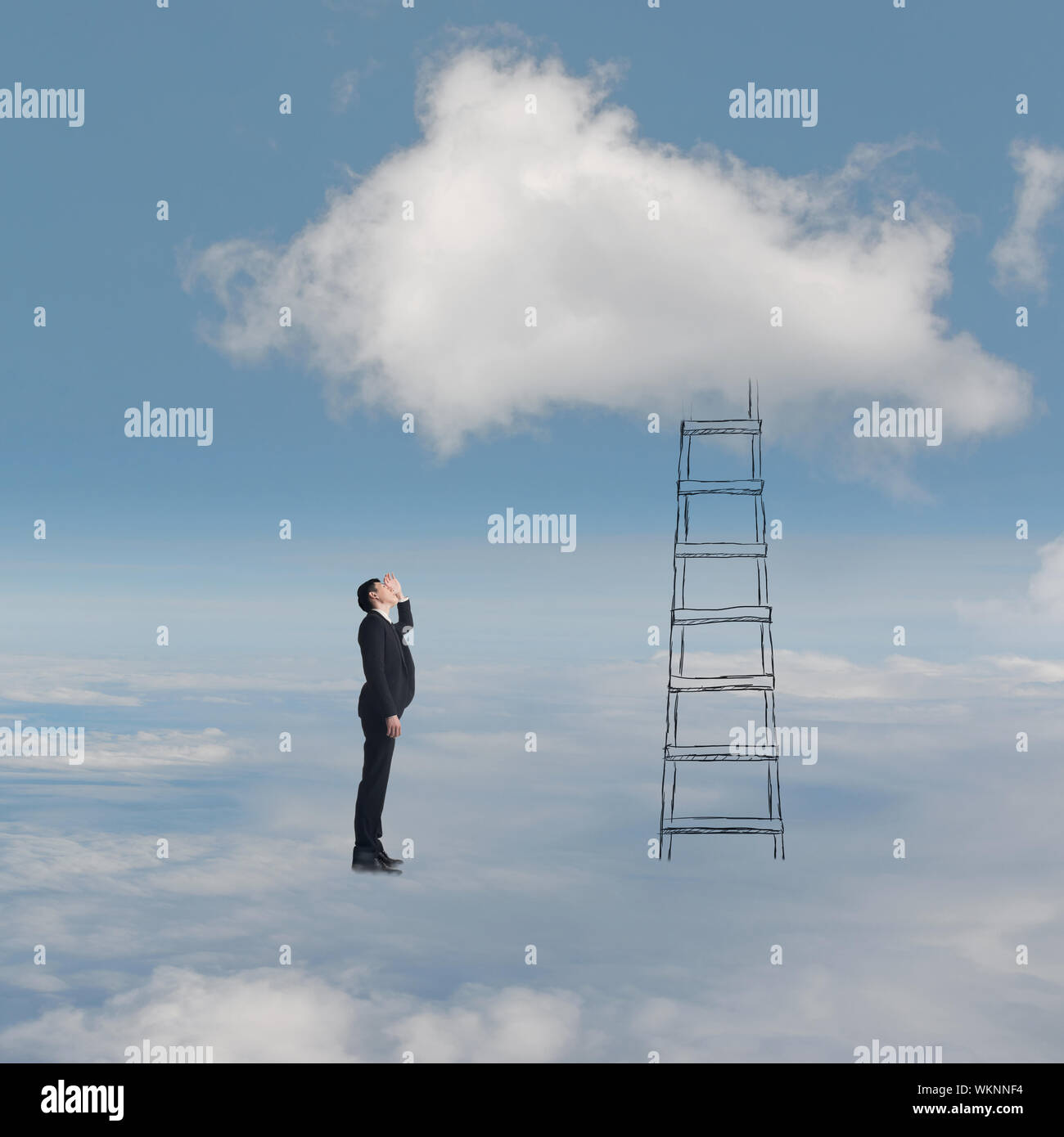 Concept of access to clouds with man and a stair Stock Photo - Alamy