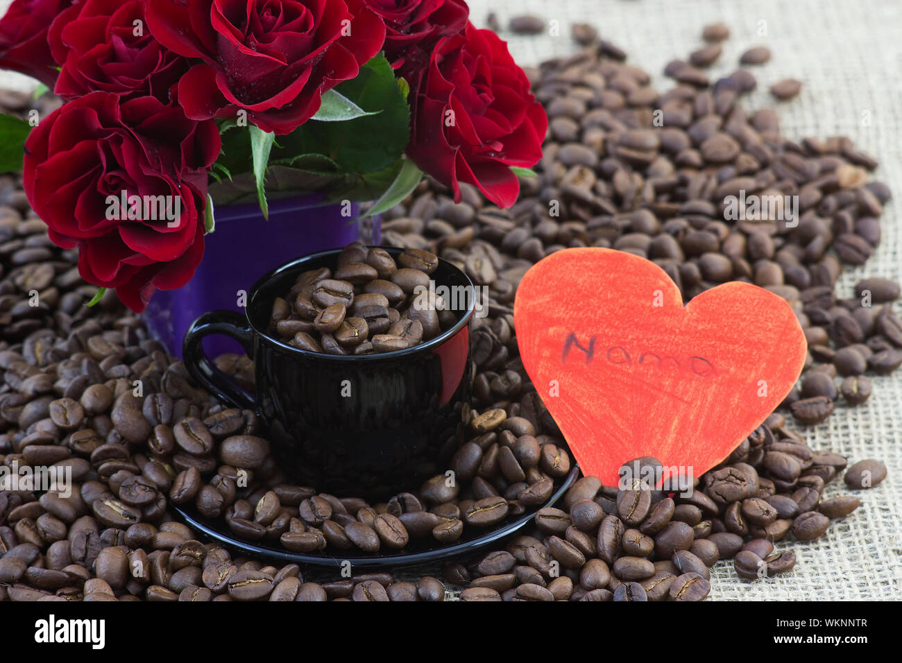 cup of coffee, red roses and heart Stock Photo - Alamy